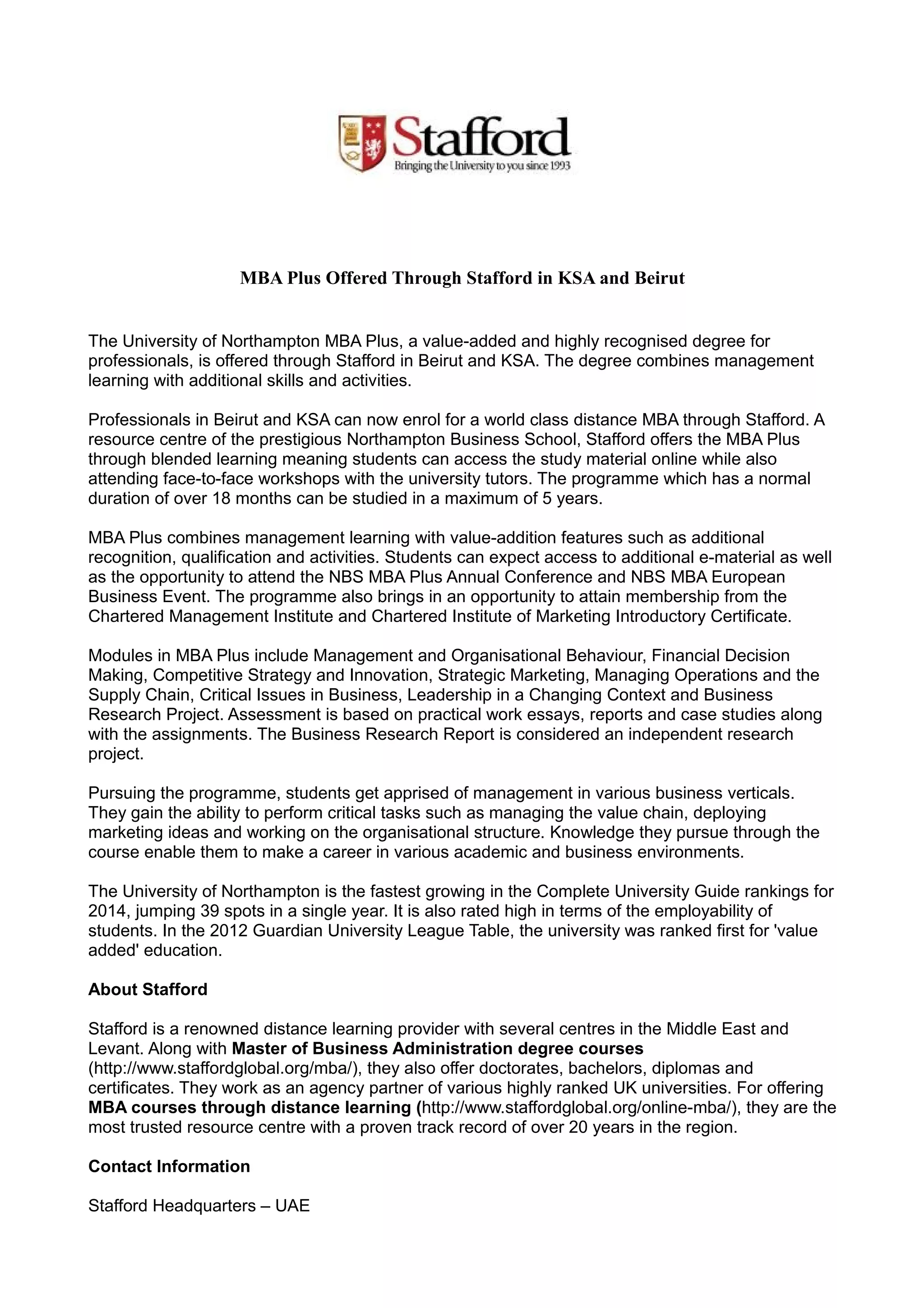 MBA Plus Offered Through Stafford in KSA and Beirut | PDF