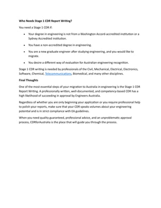 Stage 1 CDR Report Writing: Engineers Australia Assessment | PDF