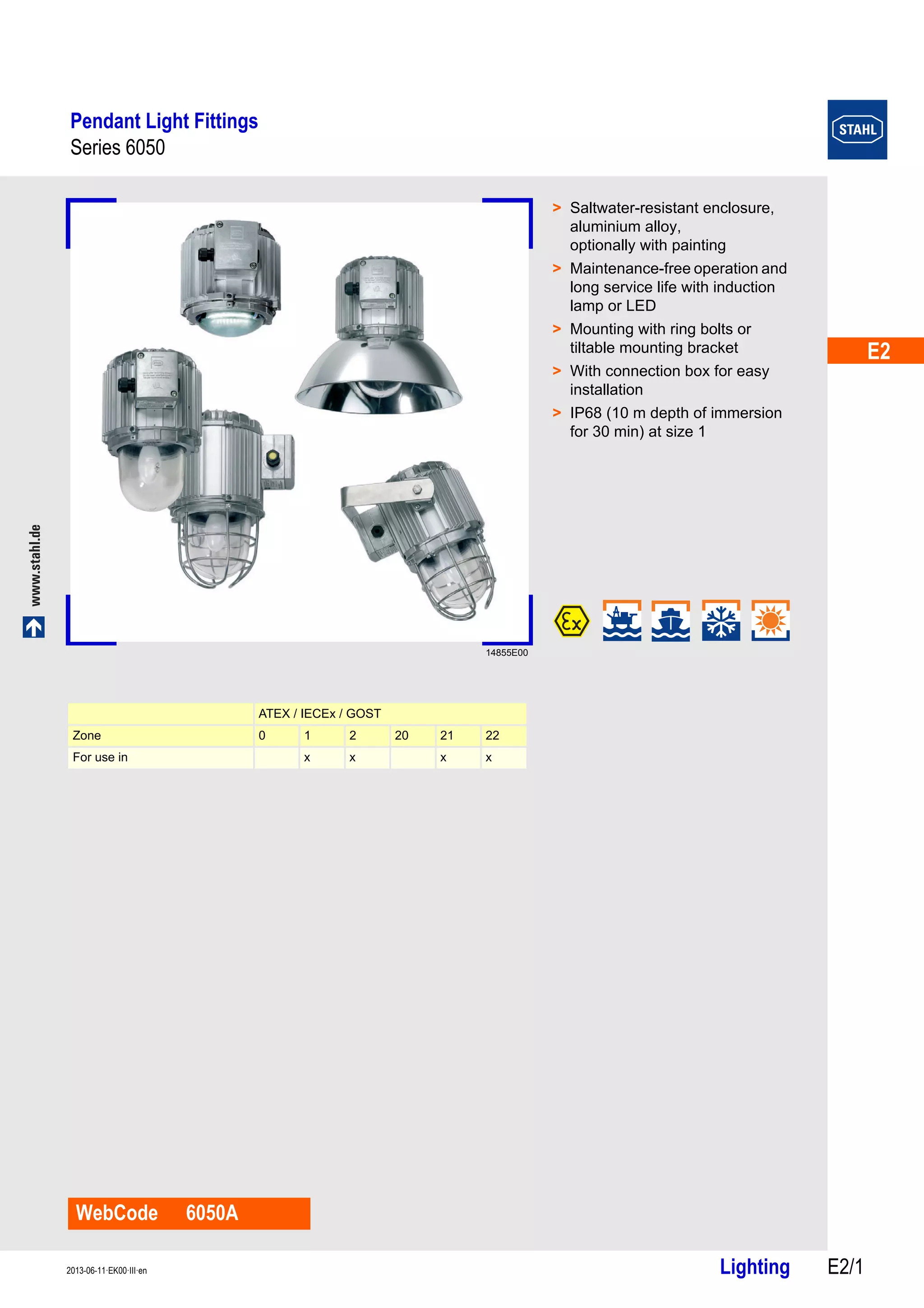 Stahl 6050 Pendant Light Fitting - ATEX Zone 1 Zone 2 Hazardous Area ...