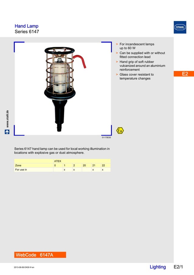 Stahl 6147 Hand Lamp With Mains Connection - ATEX Zone 1 Zone 2 ...
