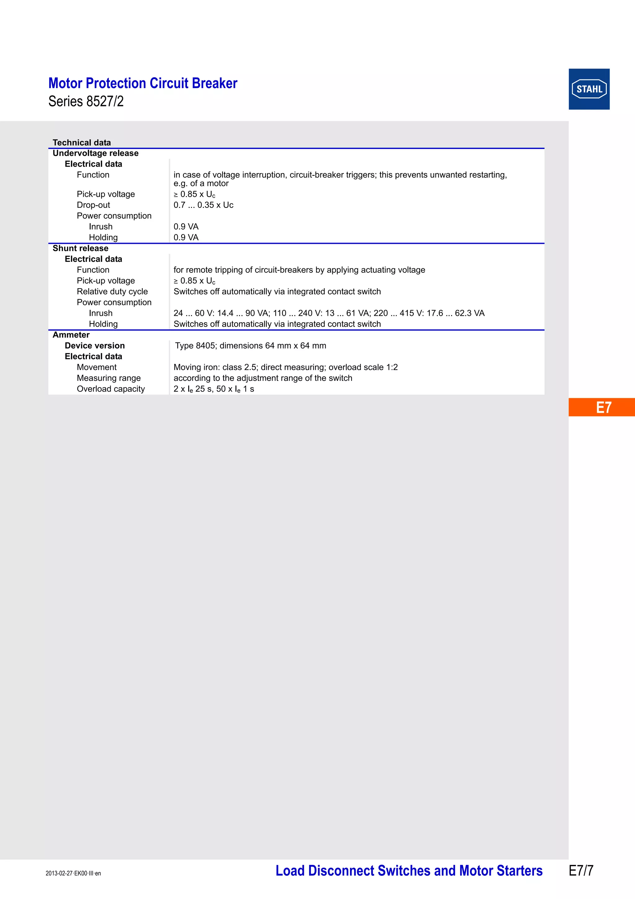 Stahl 8527 Motor Protection Circuit Breakers– ATEX Zone 1 Zone 2 ...
