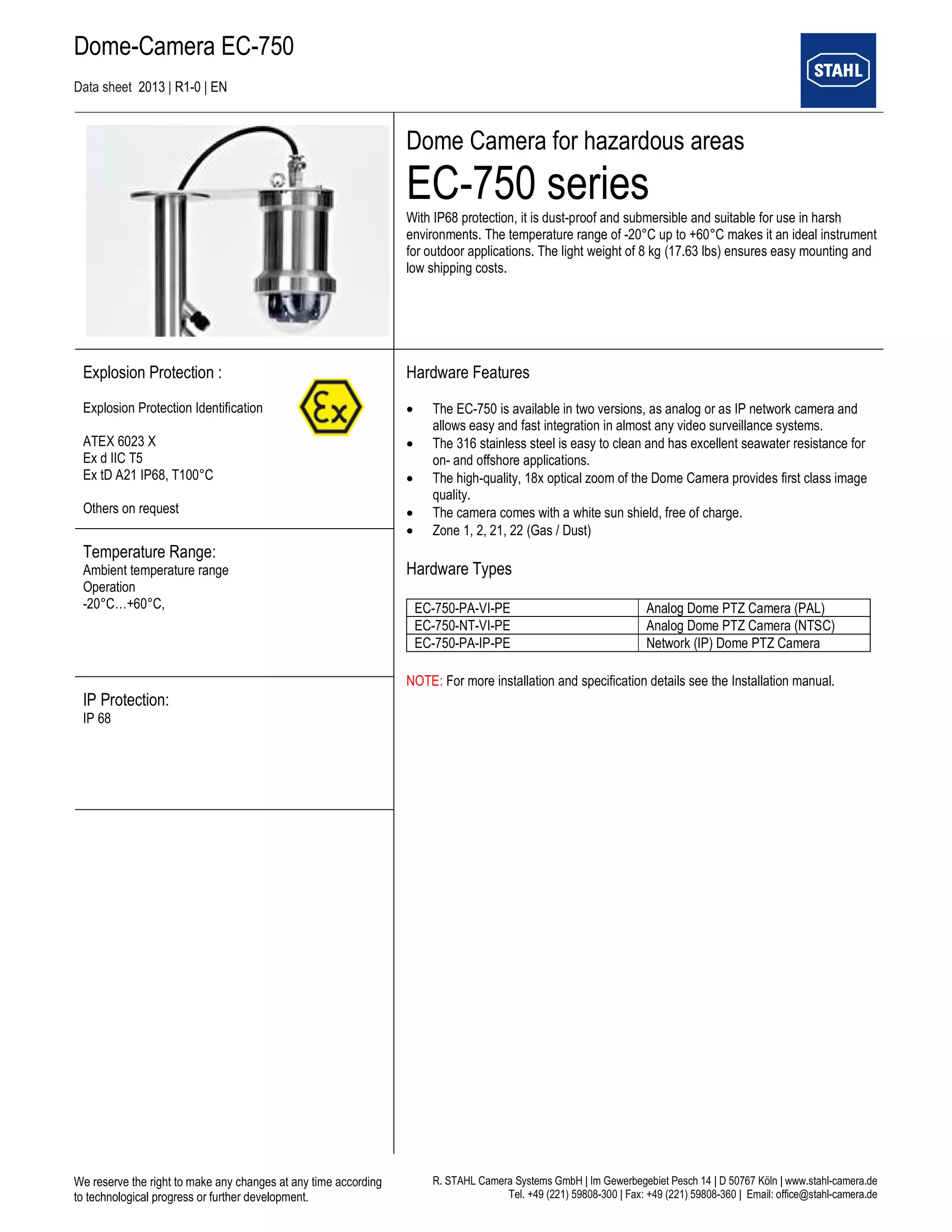 Stahl EC-750 Camera - Dome Camera – ATEX Zone 1 Zone 2 Hazardous Area ...