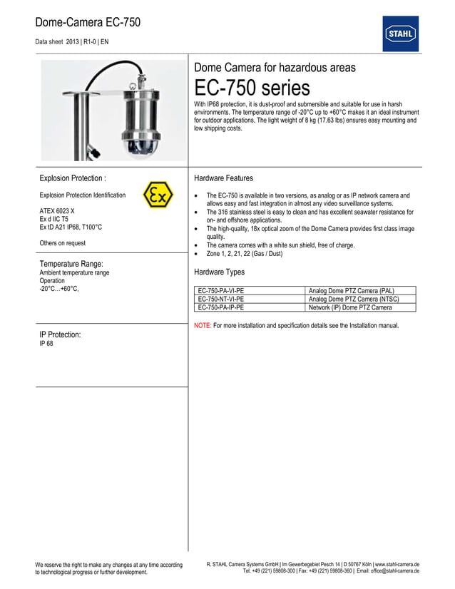 Stahl EC-750 Camera - Dome Camera – ATEX Zone 1 Zone 2 Hazardous Area ...