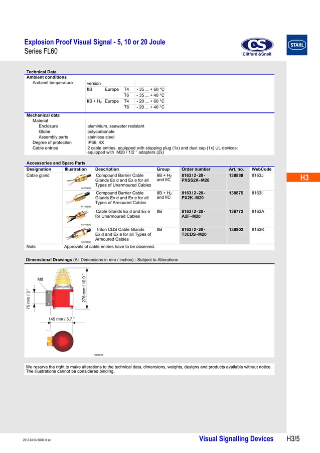 Stahl FL60 Strobe Signalling Device Data Sheet | PDF