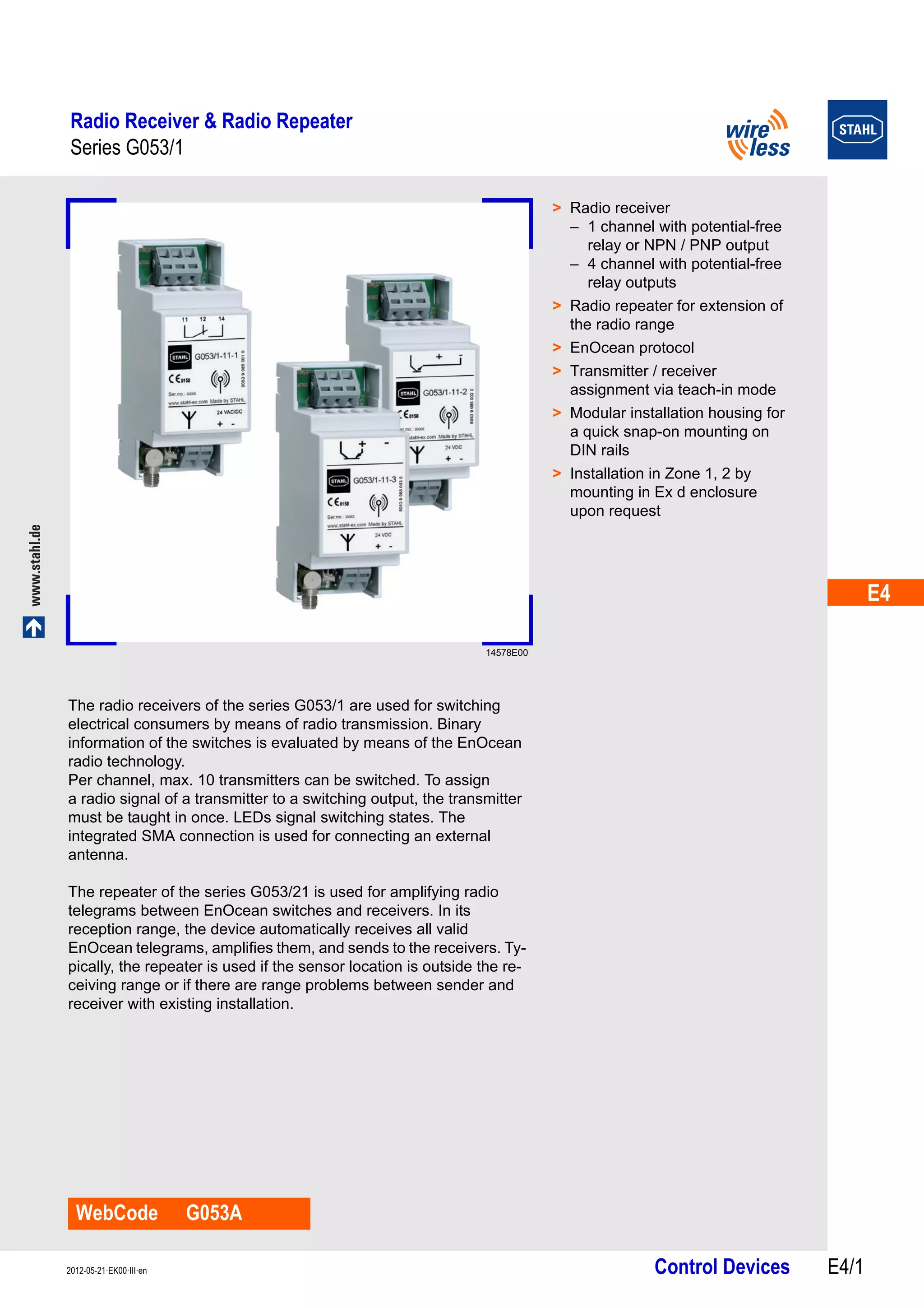 Stahl G053 Wireless Receiver Repeater EK00 III Data Sheet | PDF