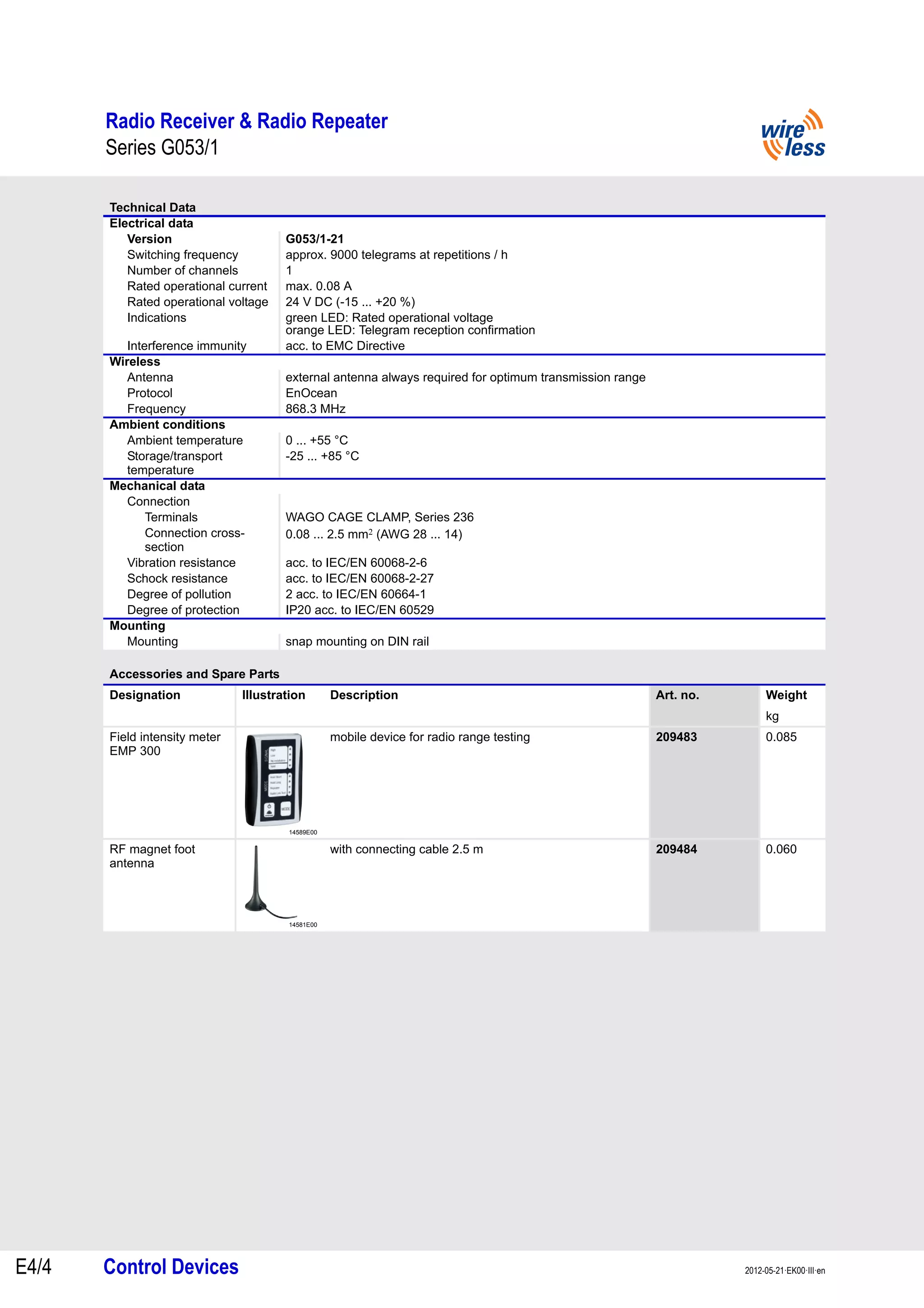 Stahl G053 Wireless Receiver Repeater EK00 III Data Sheet | PDF
