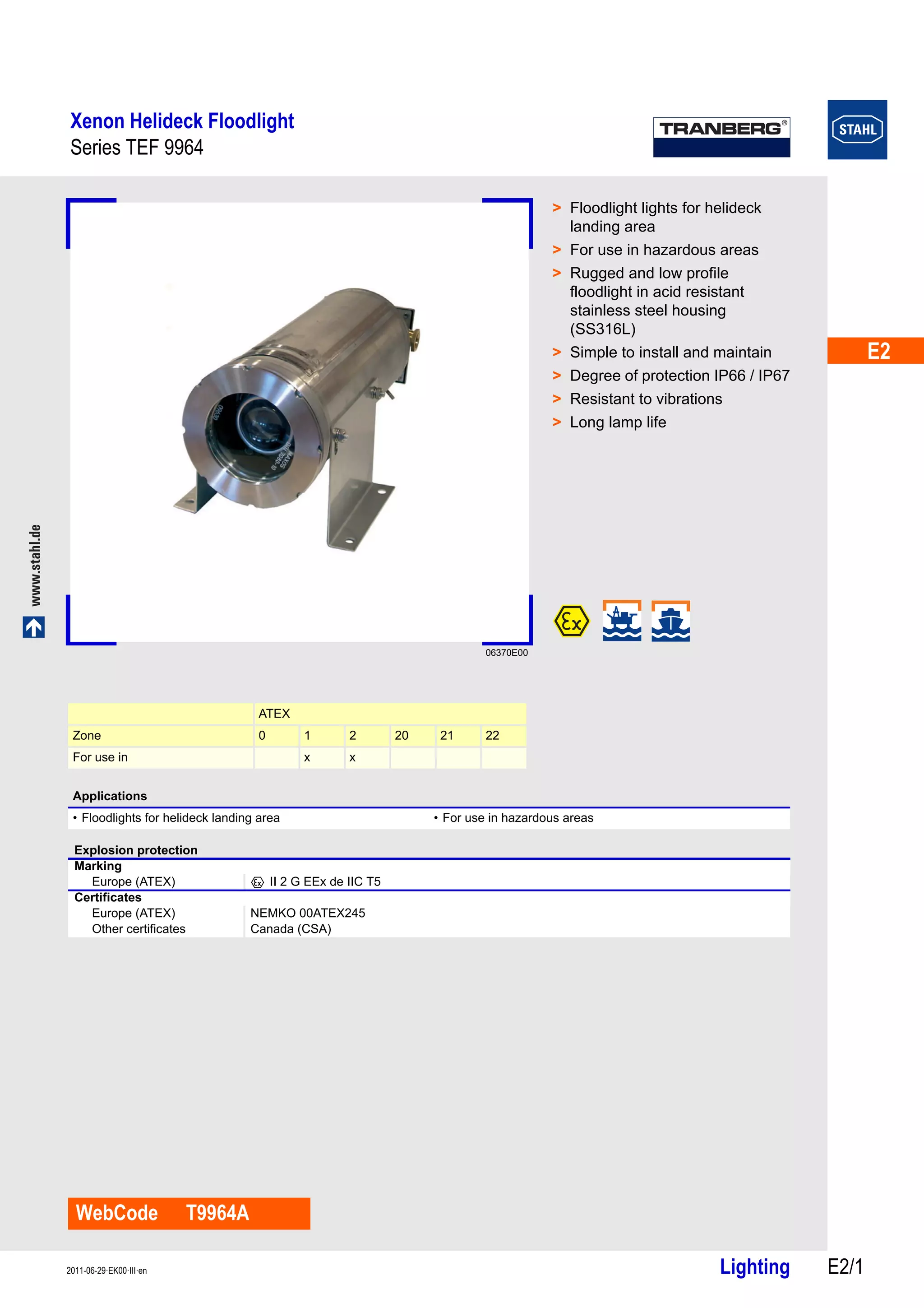 Stahl TEF 9964 Xenon Helideck Floodlight - ATEX Zone 1 Zone 2 Hazardous ...