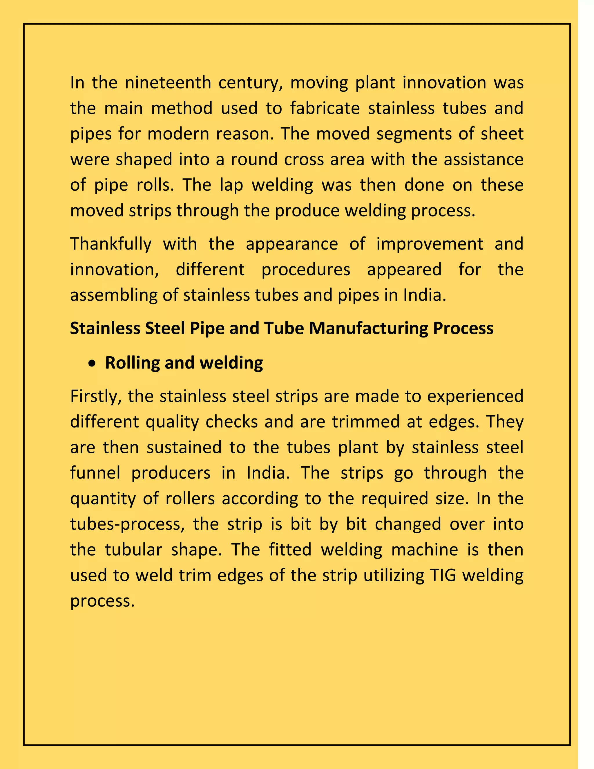 Stainless steel pipe and tube manufacturing process at a glance | PDF