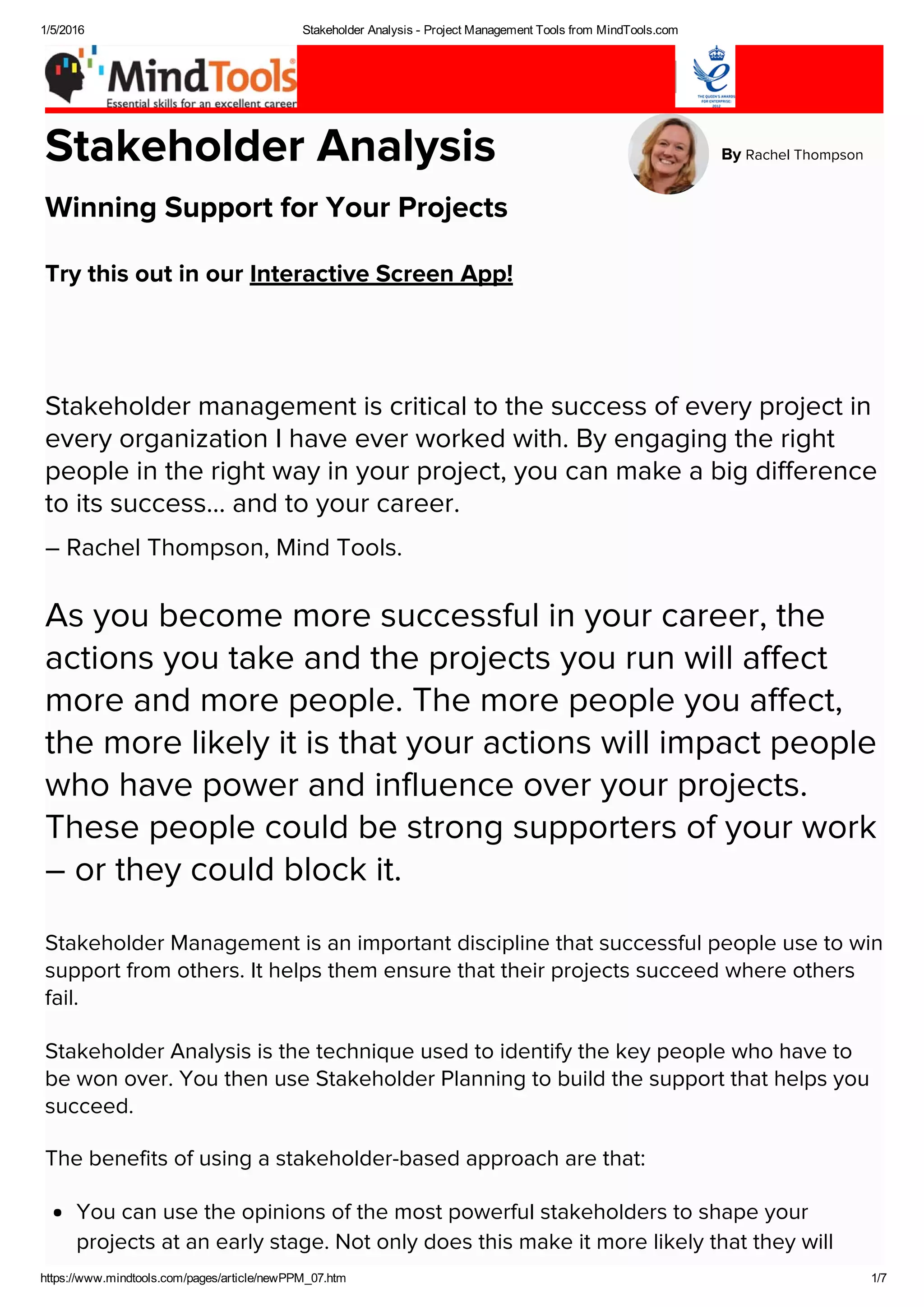 Stakeholder analysis project management tools from mind tools | PDF