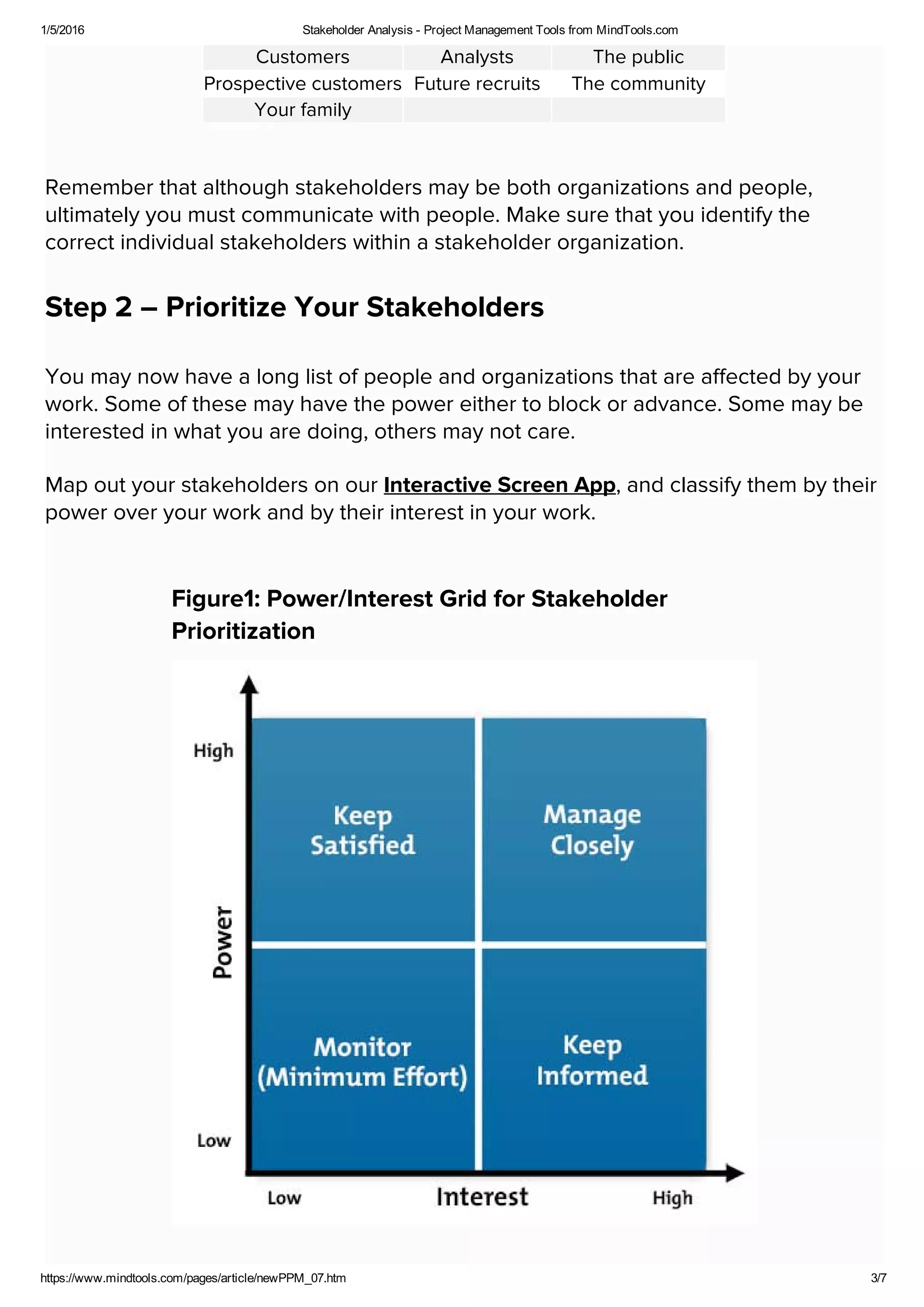 Stakeholder analysis project management tools from mind tools | PDF