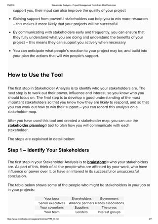 Stakeholder analysis project management tools from mind tools | PDF