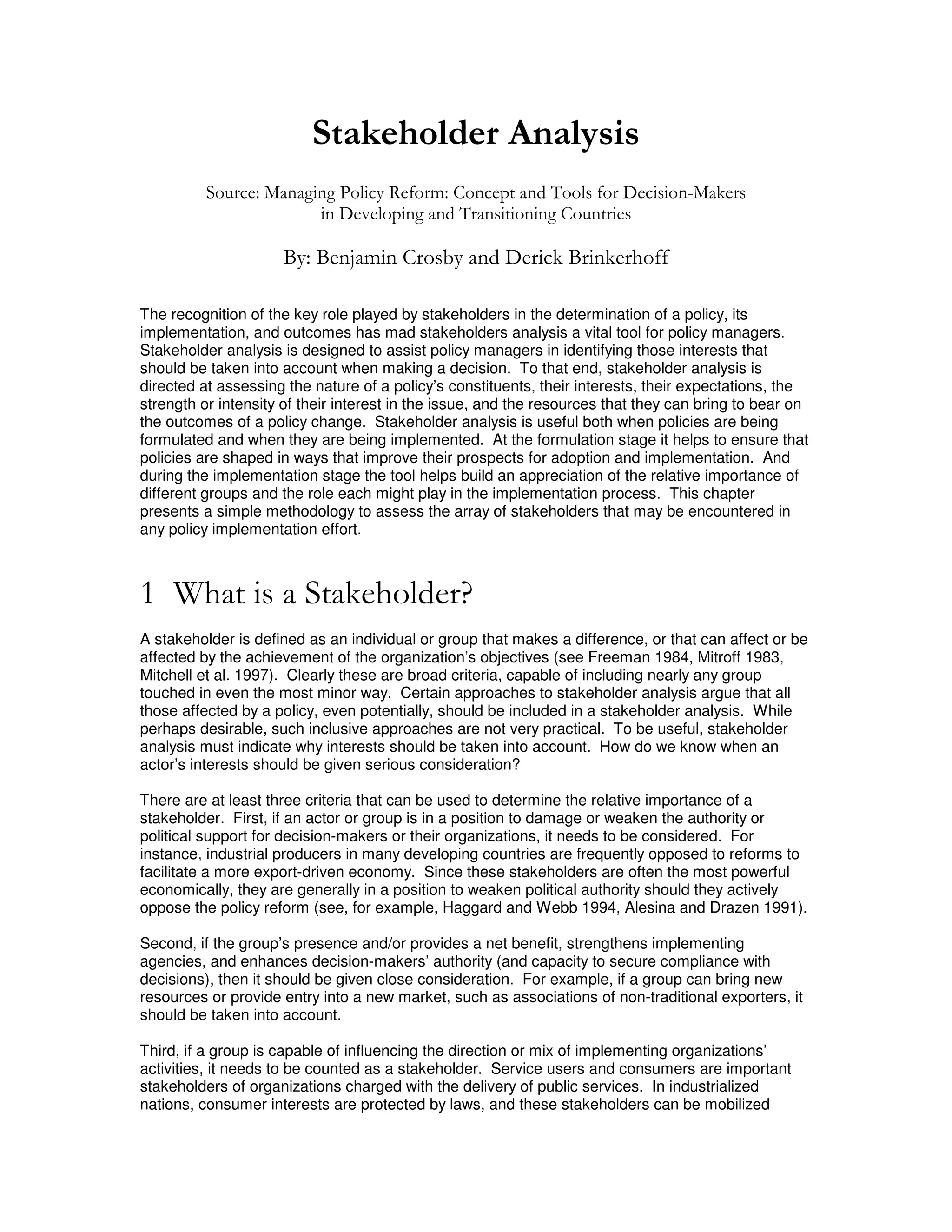 Stakeholder analysis crosby | PDF