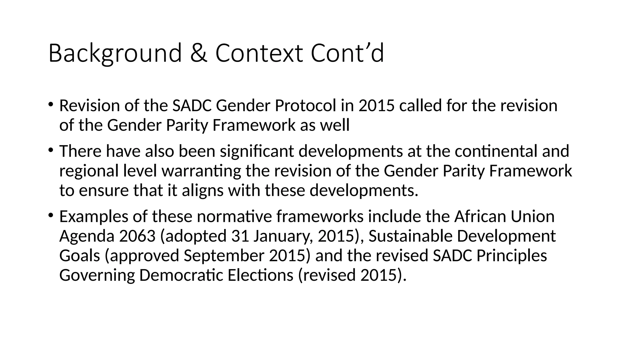 Stakeholder Presentation - SADC Framework for Achieving Gender Parity ...