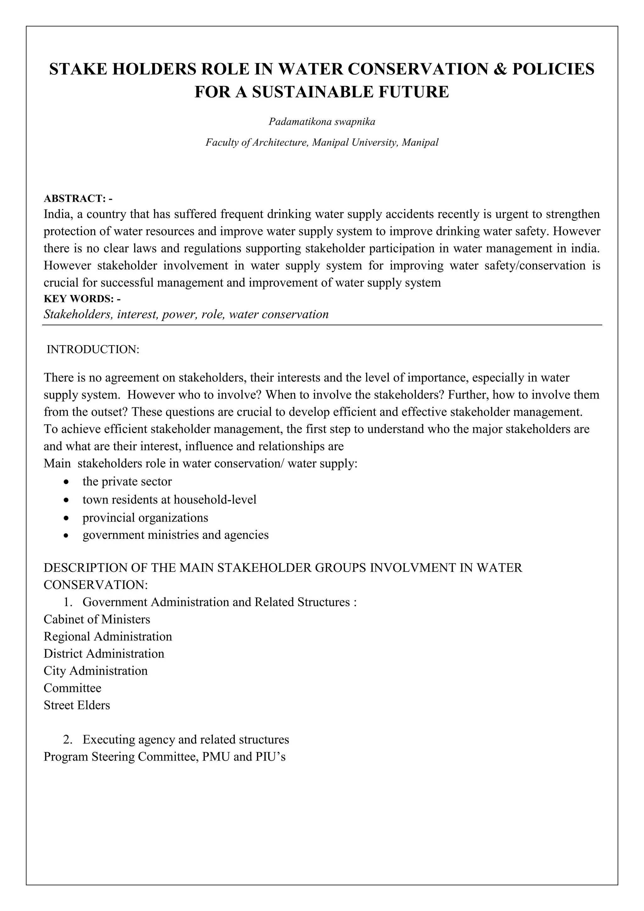 Stake holders role in water conservation | PDF