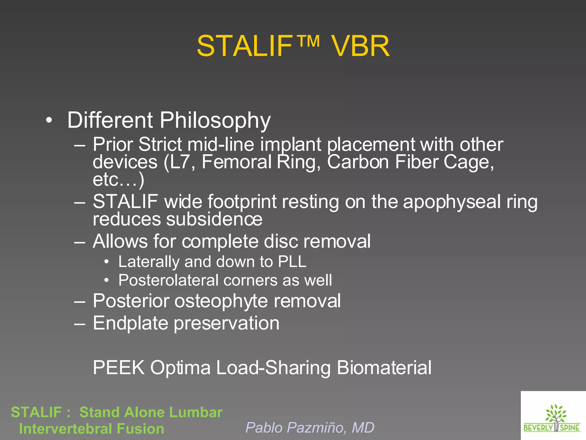 Lumbar Fusion : A New Anterior Only Option. The STALIF | PPT