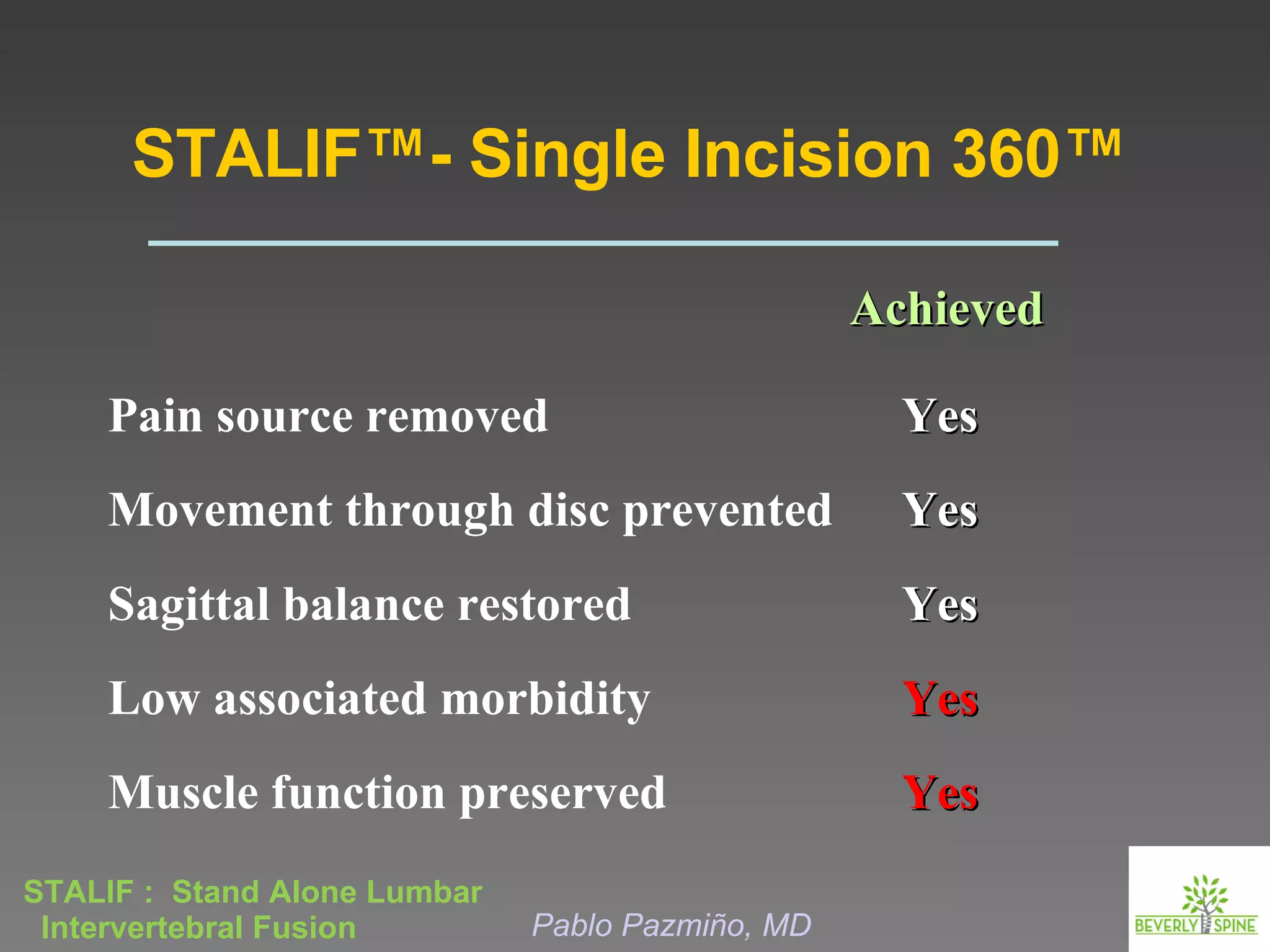 Lumbar Fusion : A New Anterior Only Option. The STALIF | PPT