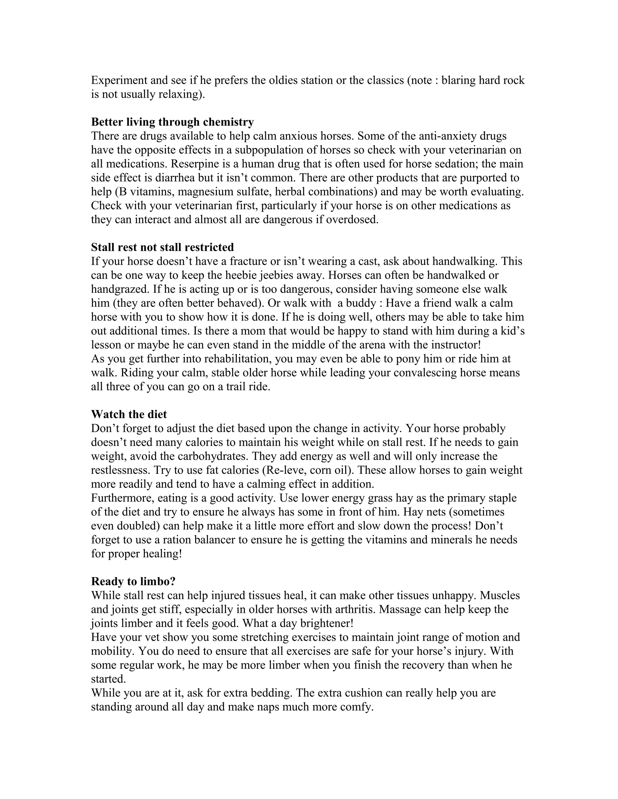 Stall Rest Handout for Horses | DOC