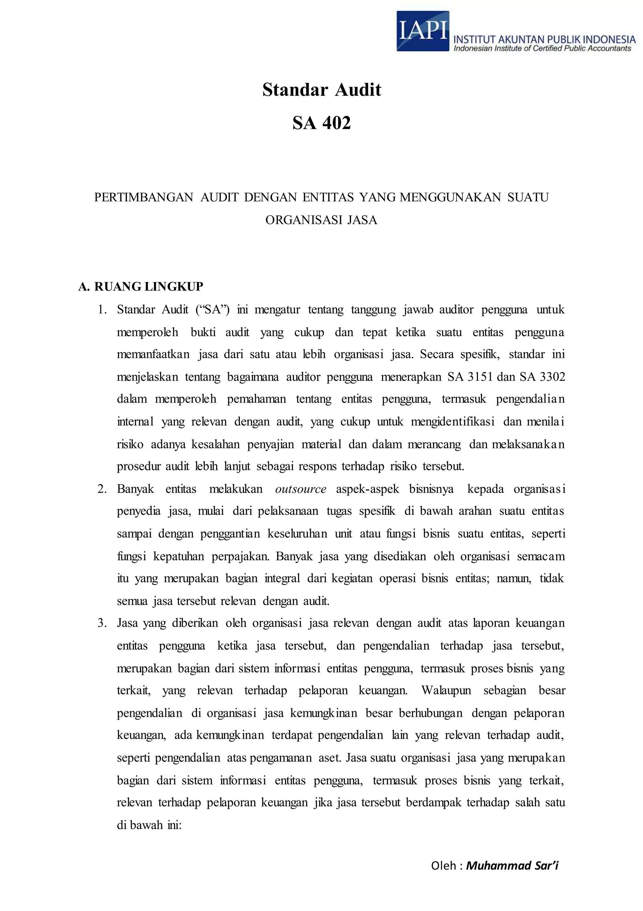 Standar audit 402 Oleh : Muhammad Sar'i | DOCX