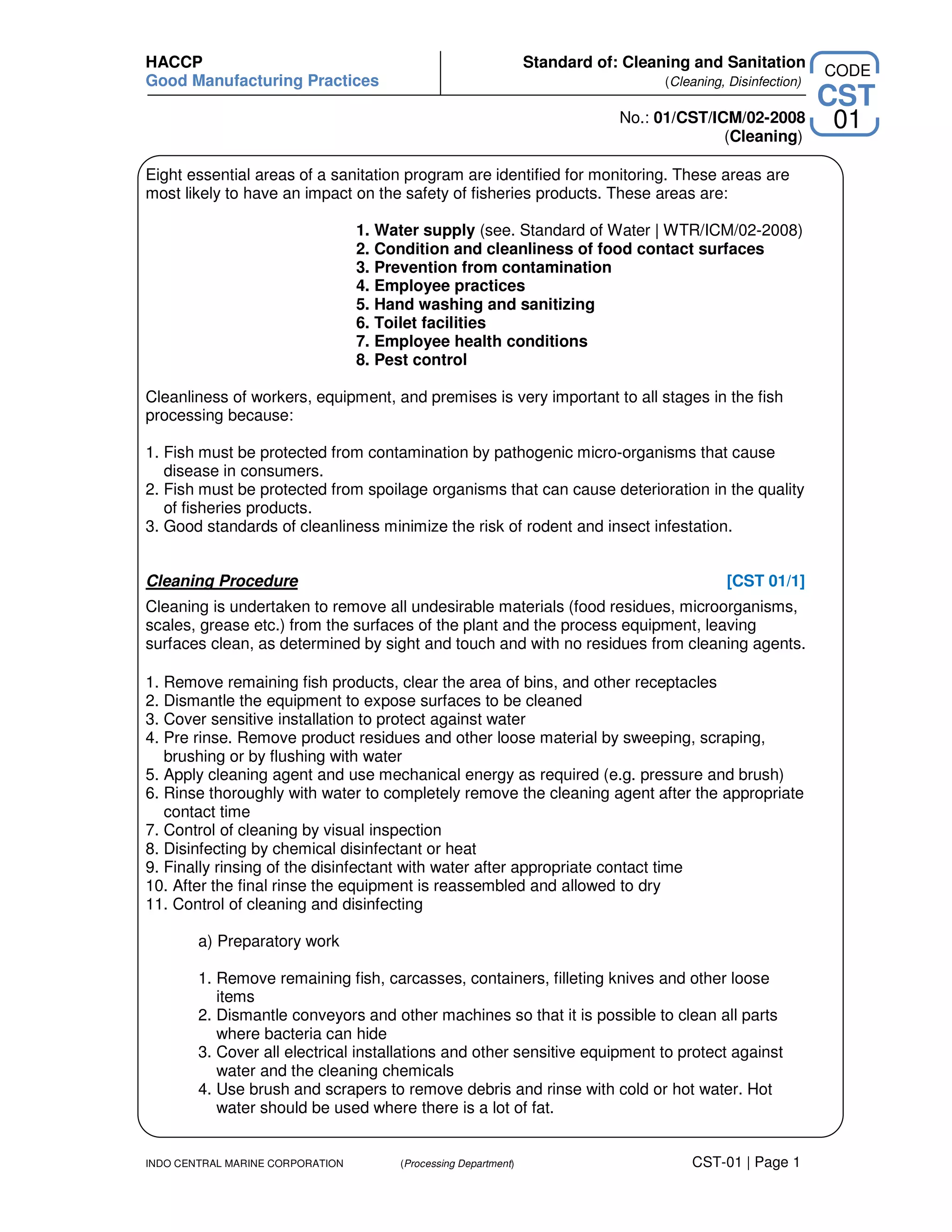 CLEANING AND SANITATION STANDARD | PDF