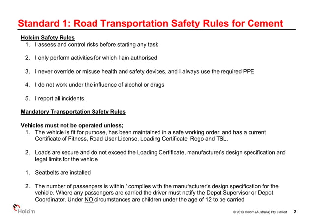 Standard 1: Road Transportation Safety Rules for Cement | PPTX