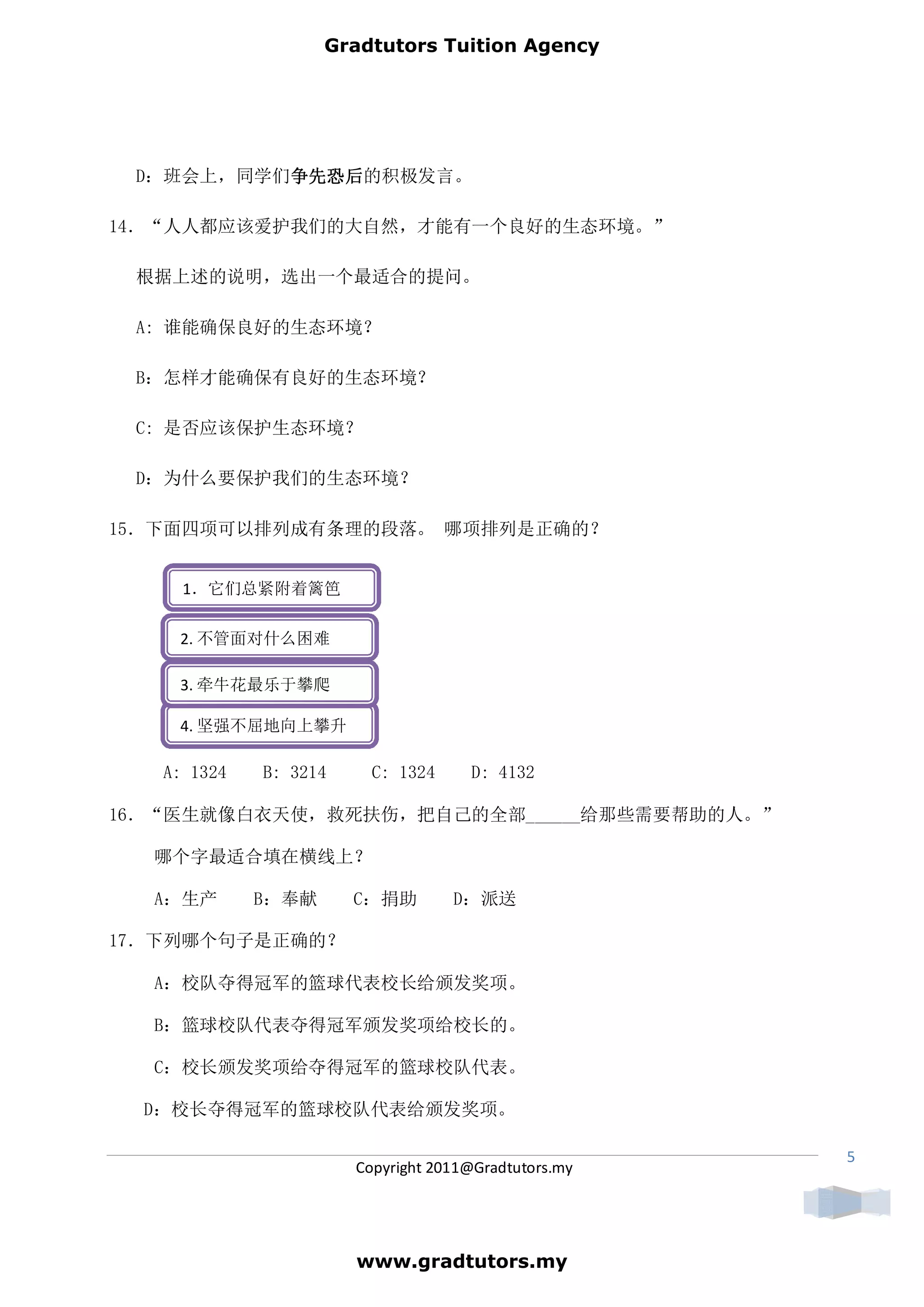 Standard 5 chinese test 1 | PDF