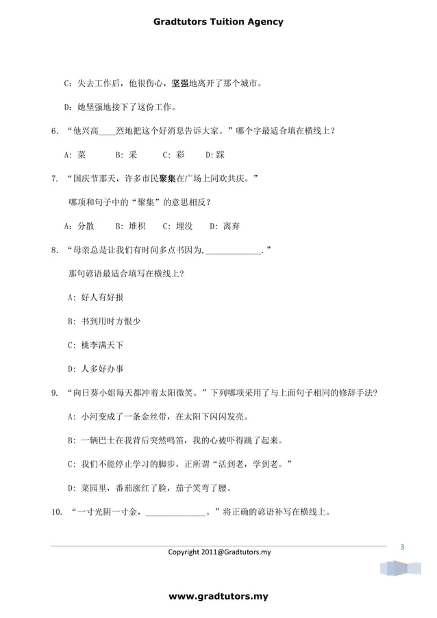 Standard 5 chinese test 1 | PDF
