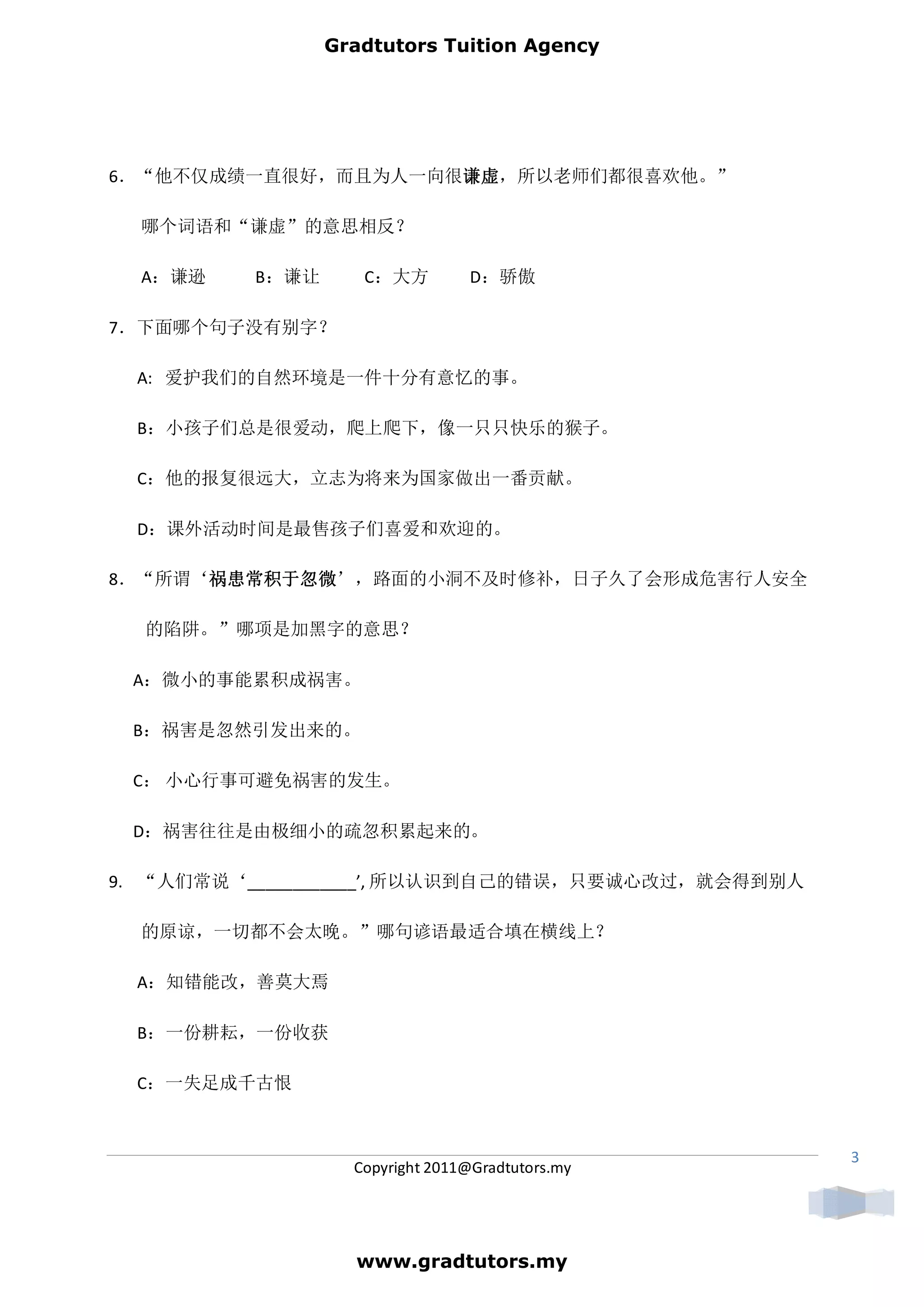 Standard 5 chinese test 2 | PDF