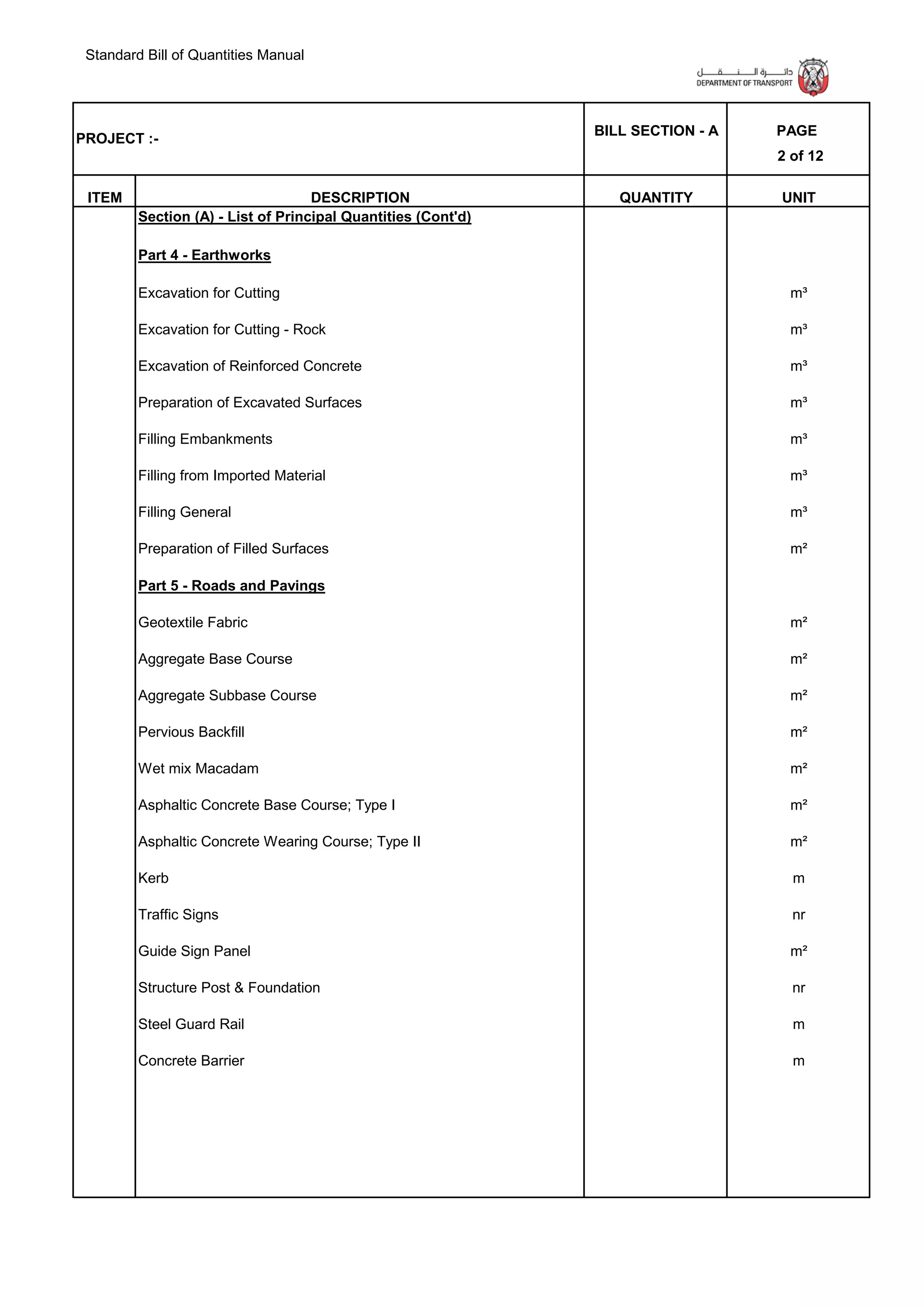 Standard bill of quantities | PDF