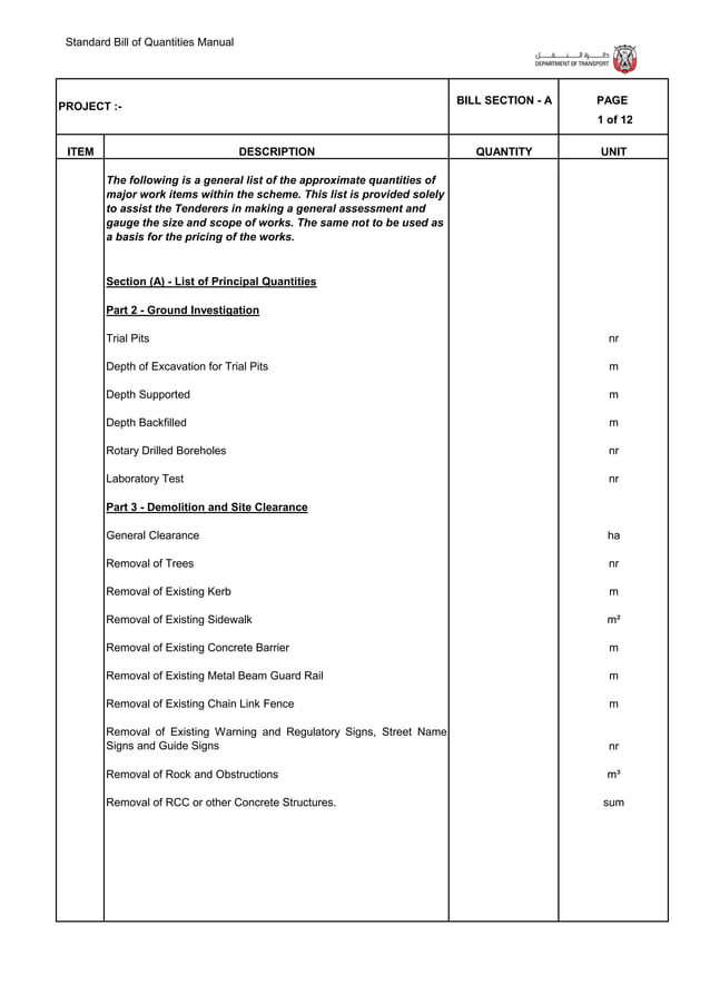 Standard bill of quantities | PDF