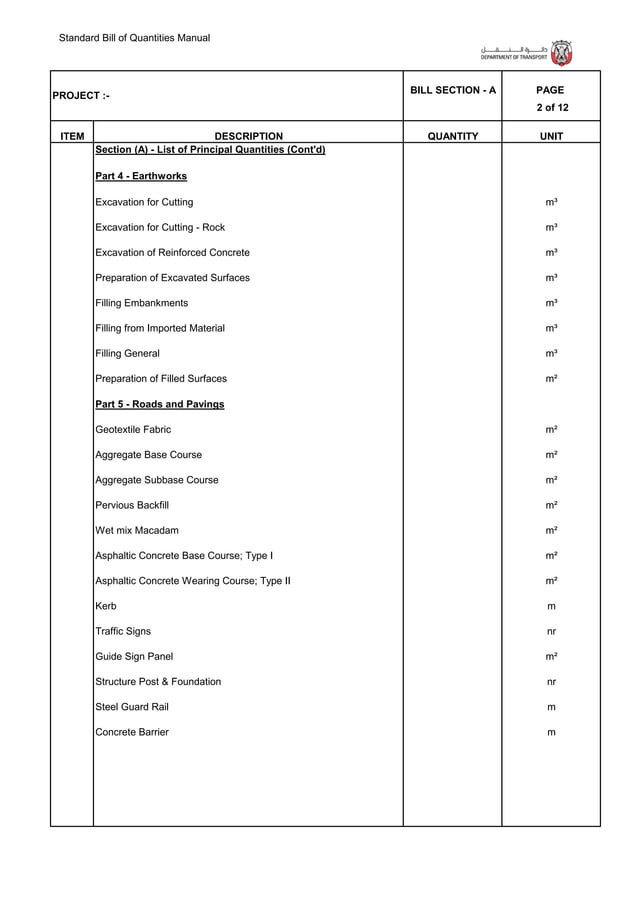 Standard bill of quantities | PDF