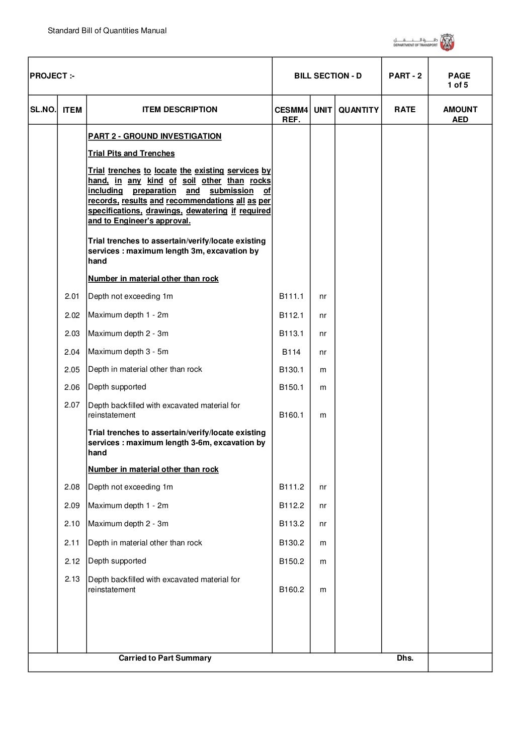 Standard bill of quantities