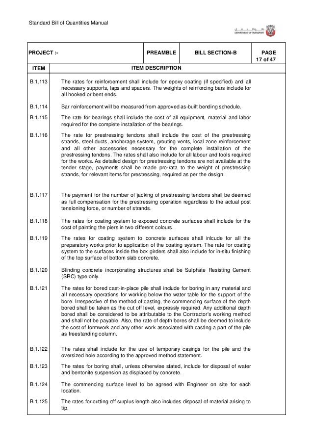 Standard bill of quantities