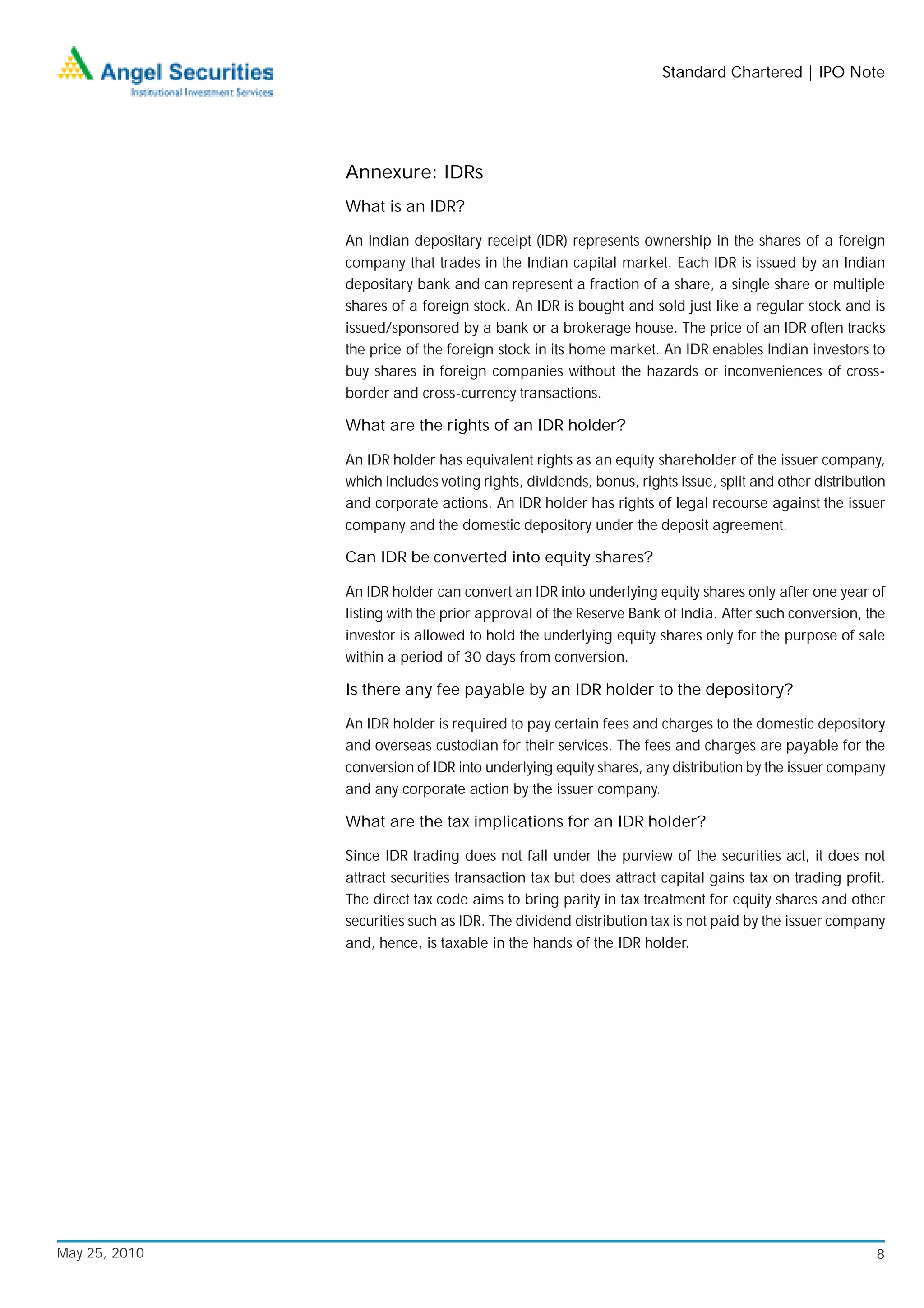 Standard chartered ipo note - 25-05-10 | PDF