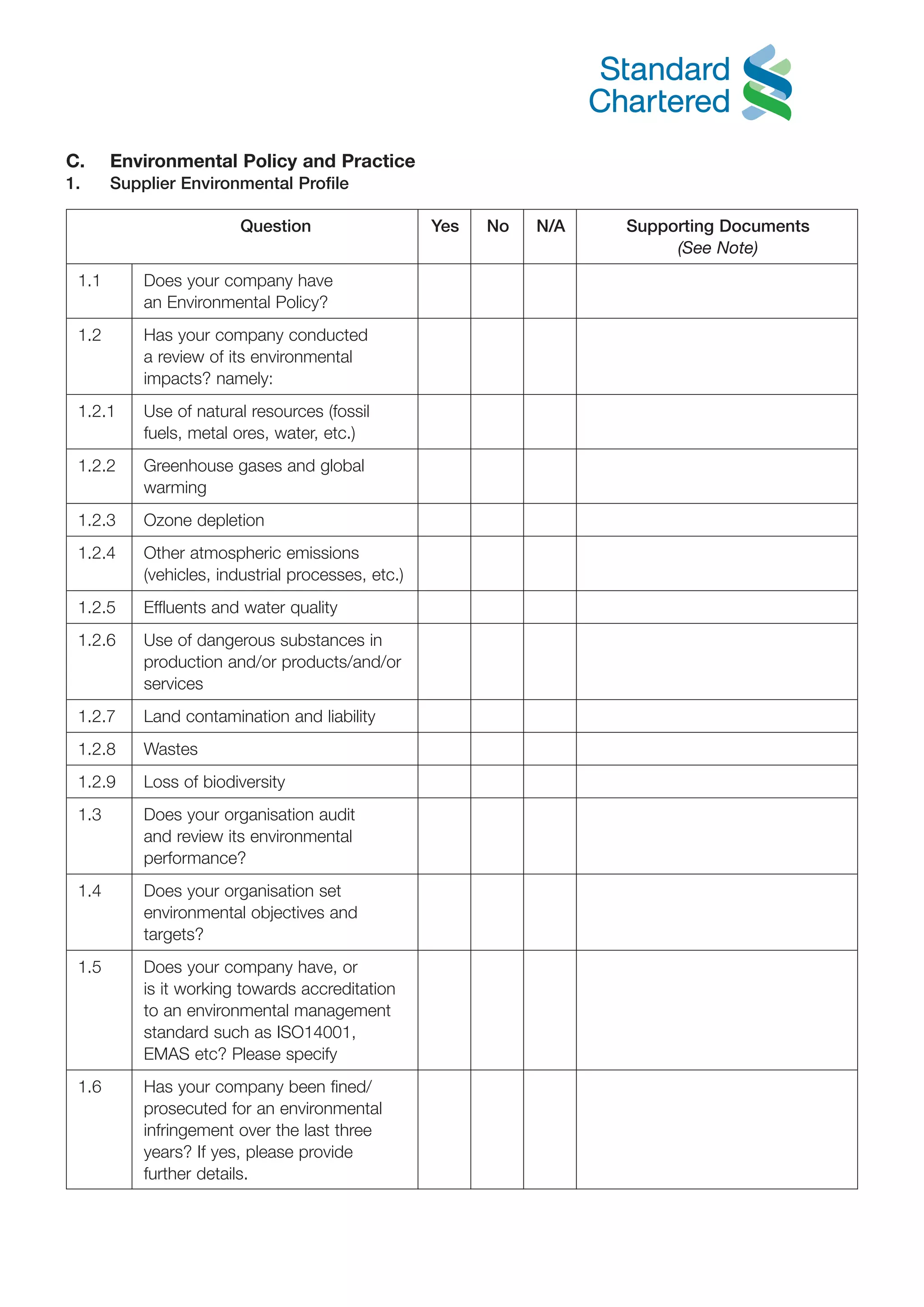 Standard Chartered Bank | supplier questionnaire | PDF