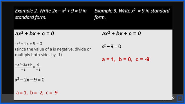 Standard form of quadratic function | PPT