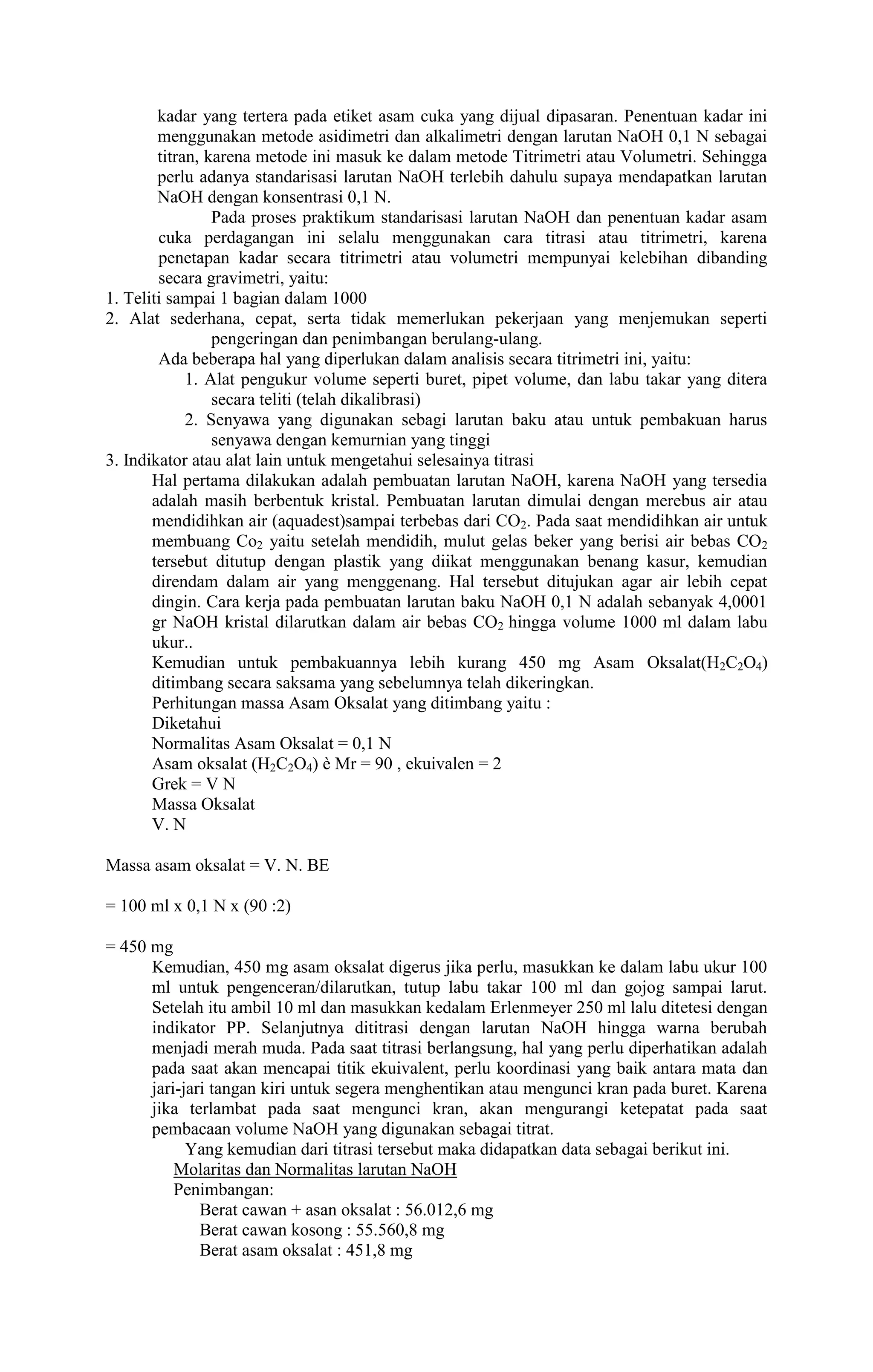Standardisasi larutan na oh dan penentuan asam cuka perdagangan | DOCX