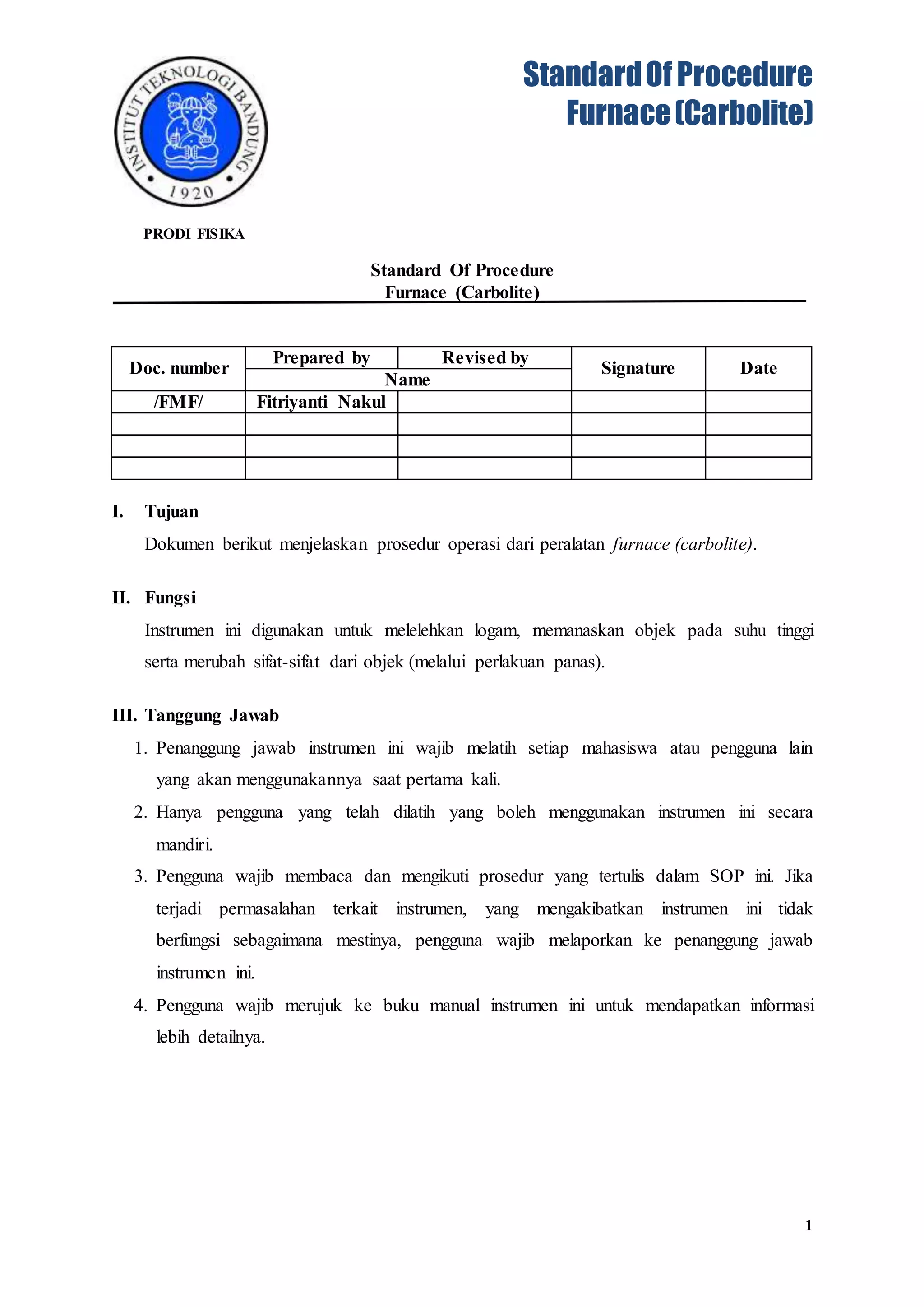 Standard of prosedur furnace | DOCX