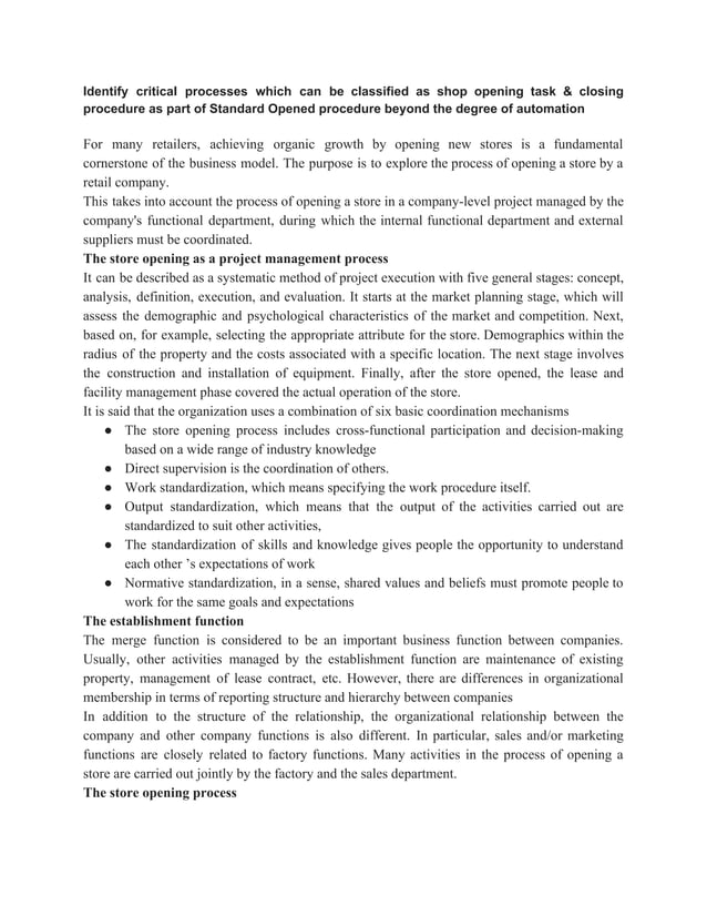Standard opening procedure for retail stores | PDF