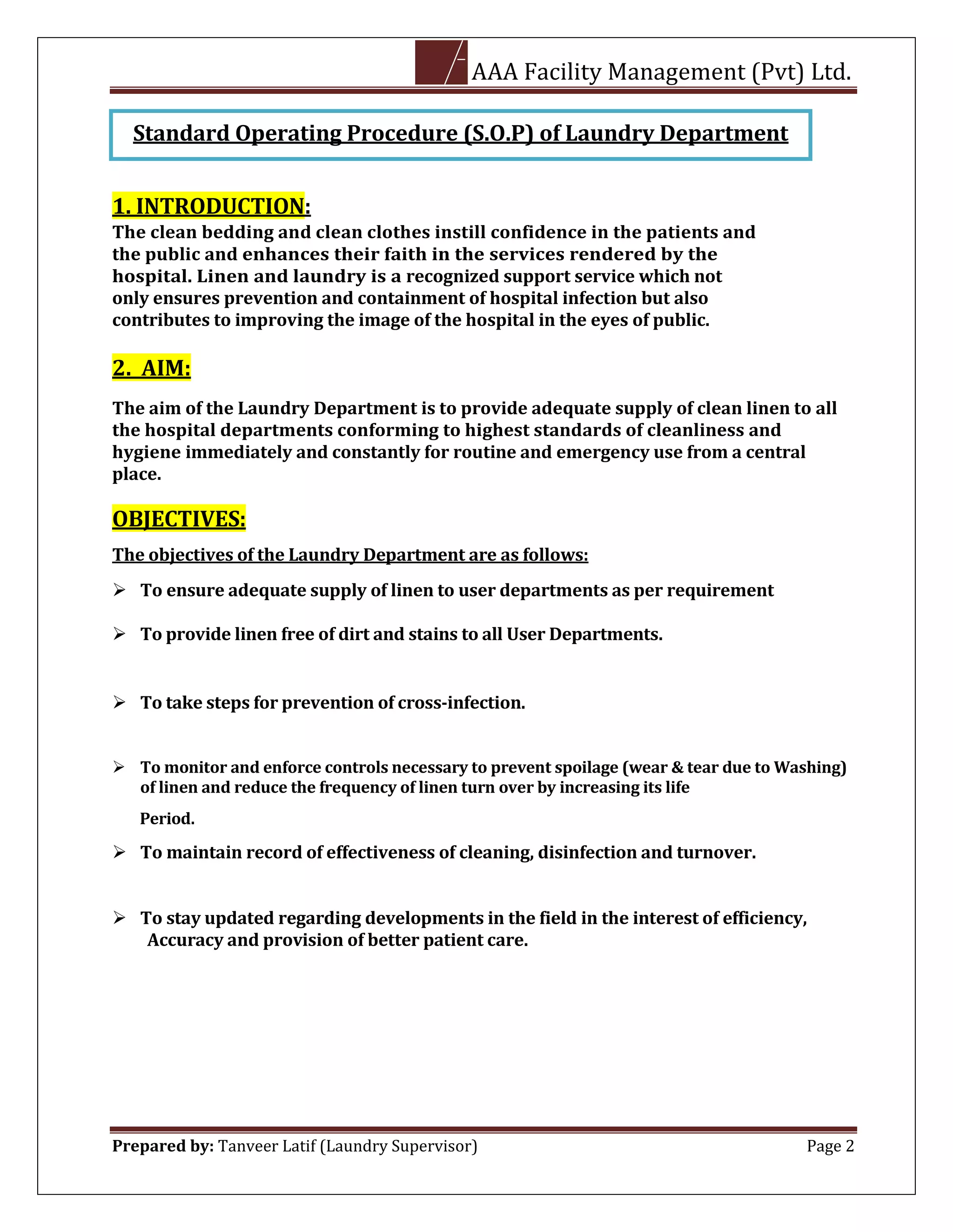 Standard Operating Procedure of Laundry Department | PDF
