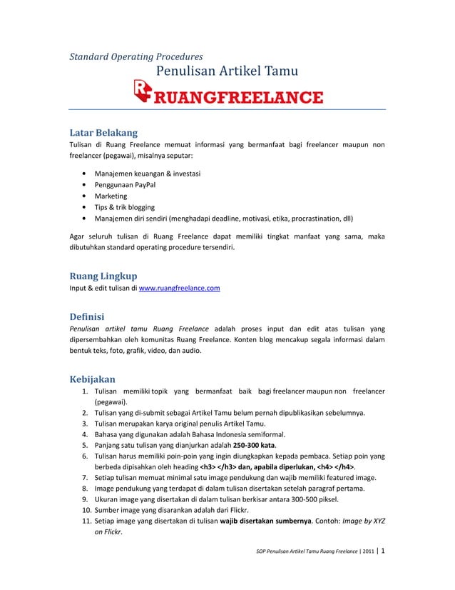 Standard Operating Procedures Penulisan Artikel Tamu Ruang Freelance | PDF