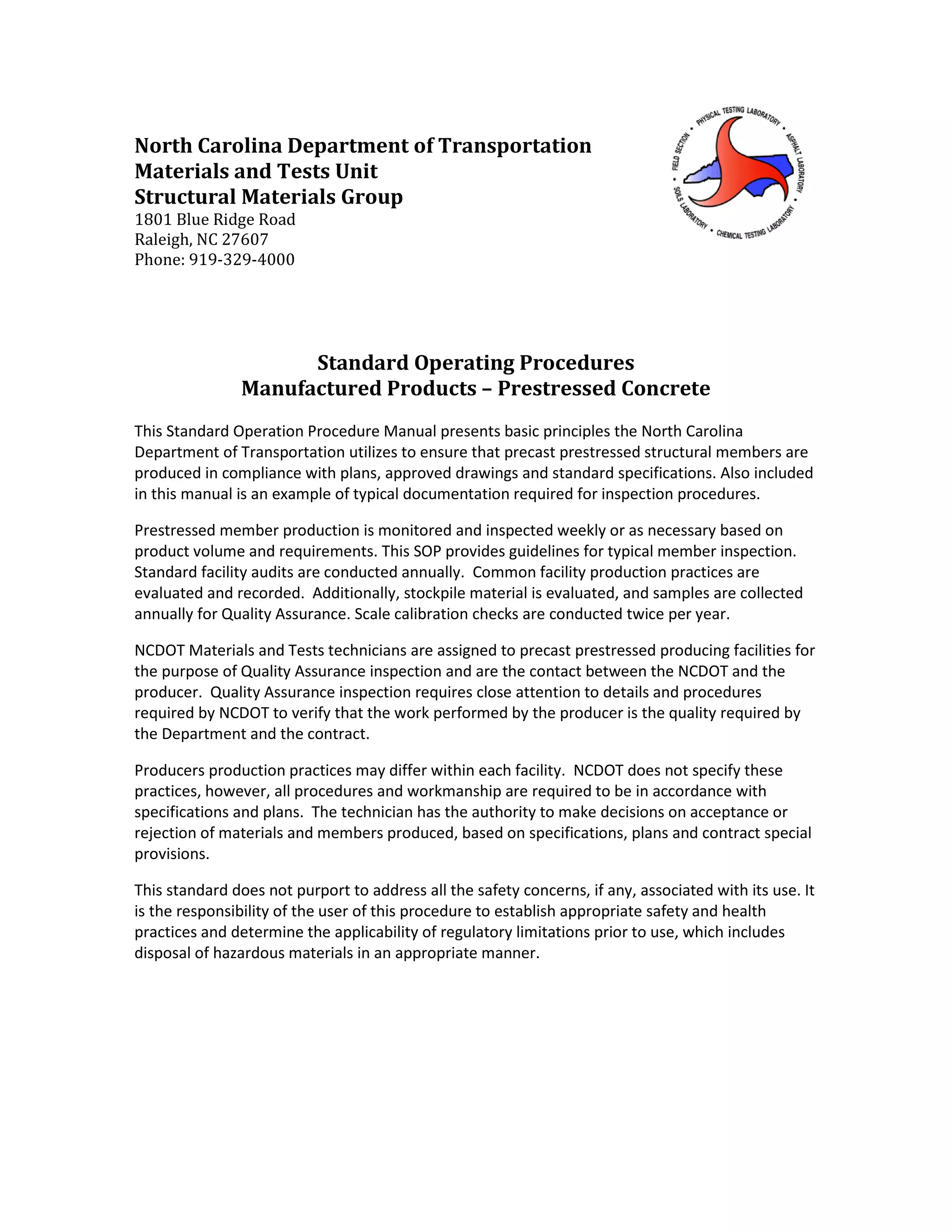 Standard Operating Procedures SOP for Prestressed Concrete Members ...