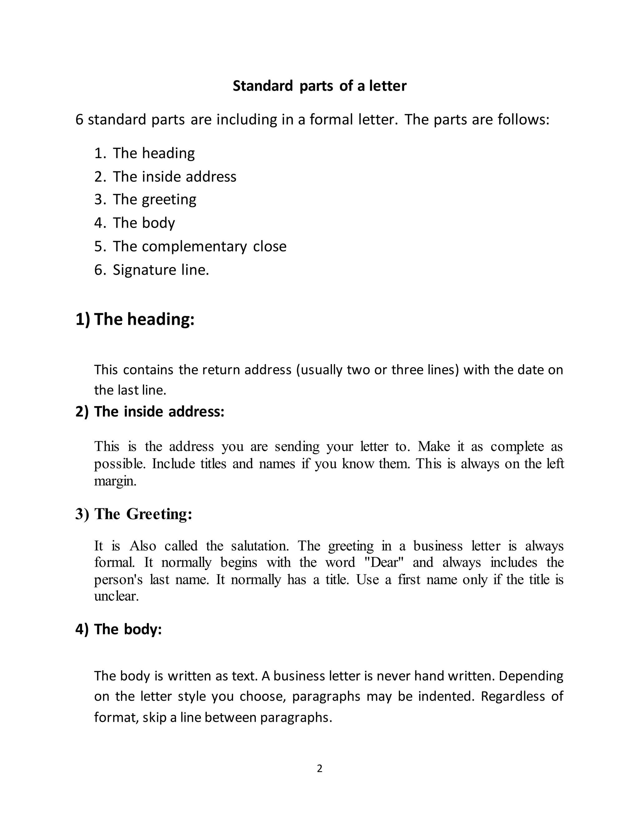 Six Standard parts of a letter | DOCX