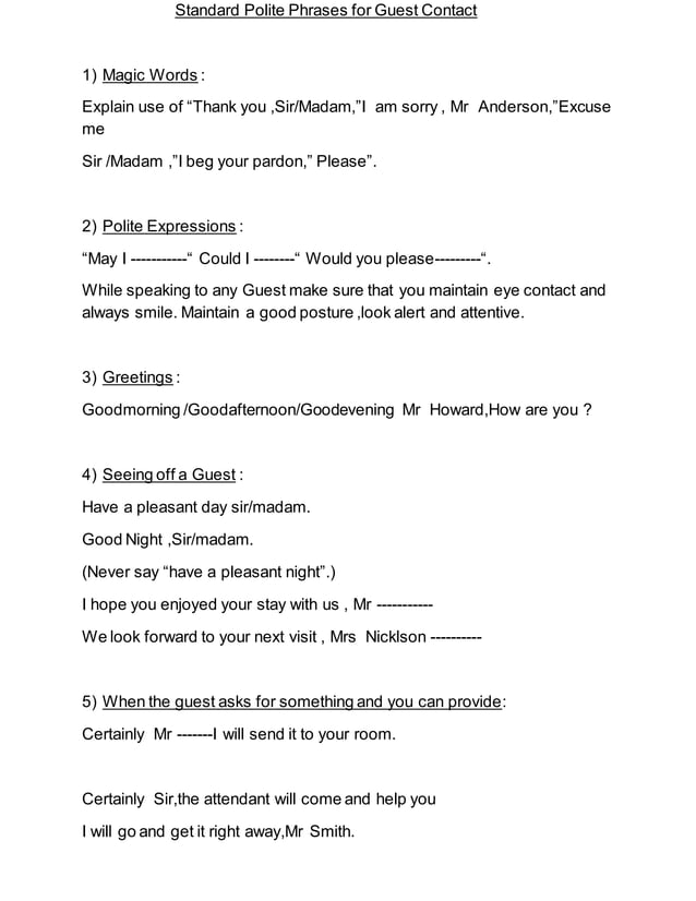 Standard polite phrases for guest contact | DOCX | Hotels and Motels ...