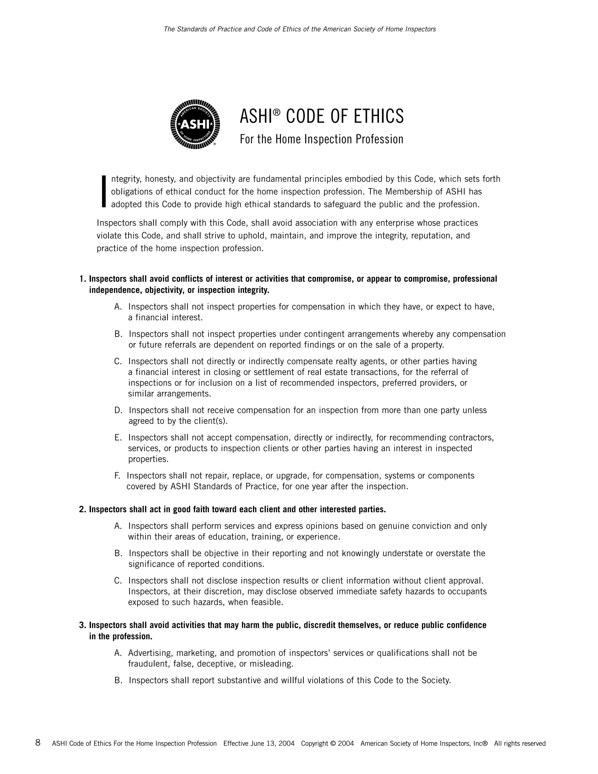 ASHI Standards of Practice | PDF