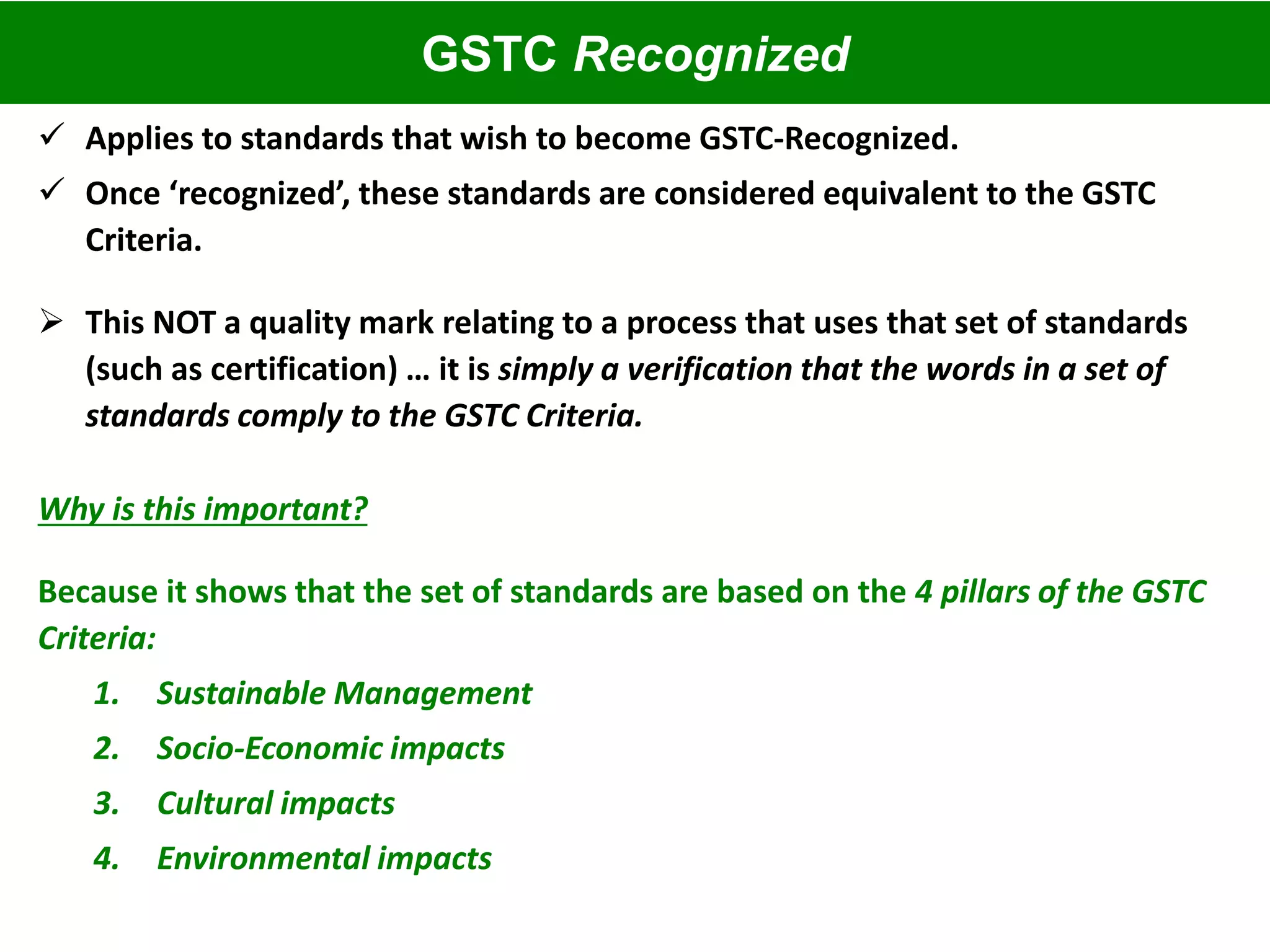 Standards, accreditation, certification, recognition: SUSTAINABLE ...