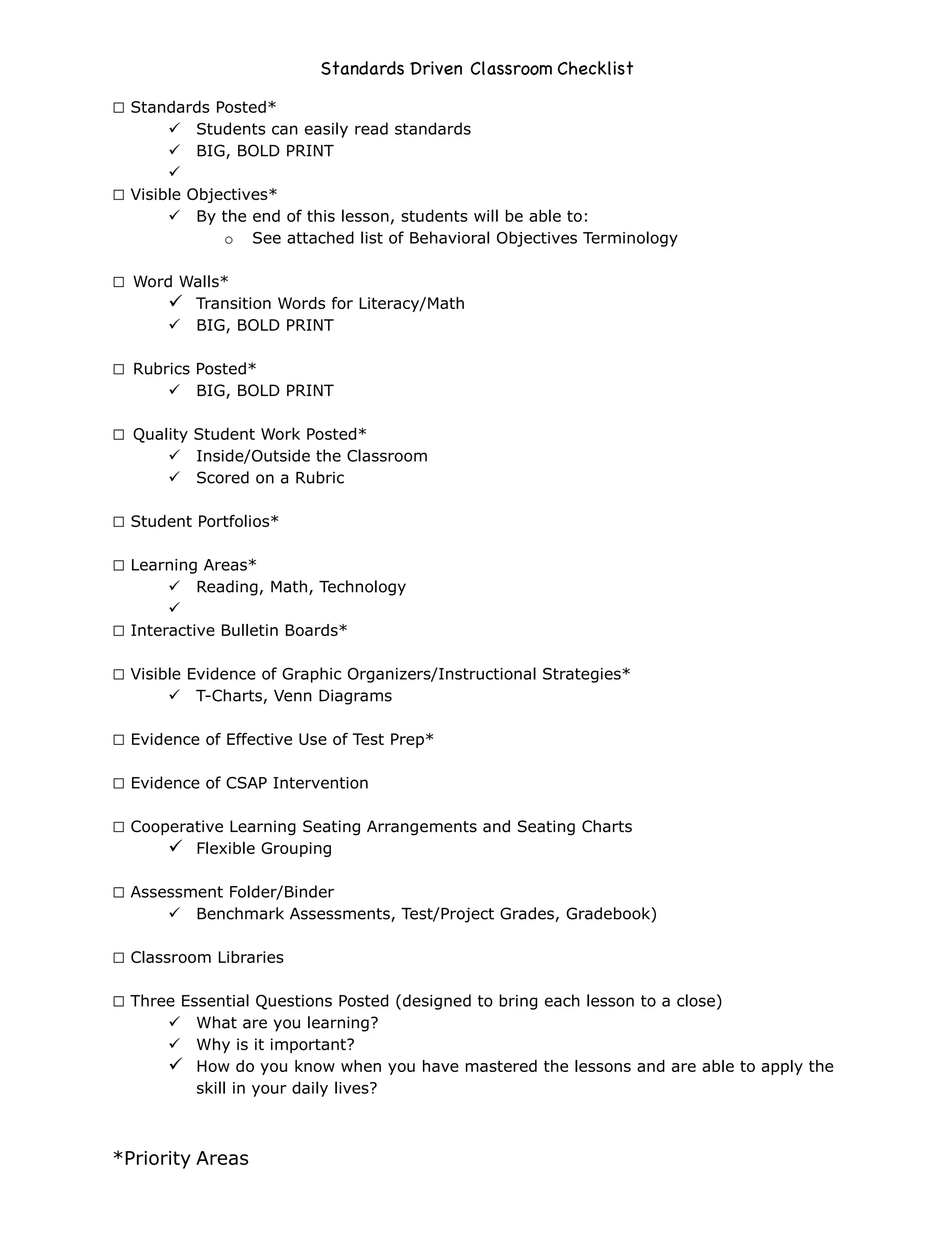 Standards Driven Classroom Checklist | DOC