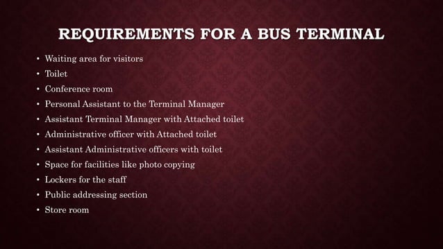 Standards for bus terminals | PPTX | Rail Travel | Travel Type
