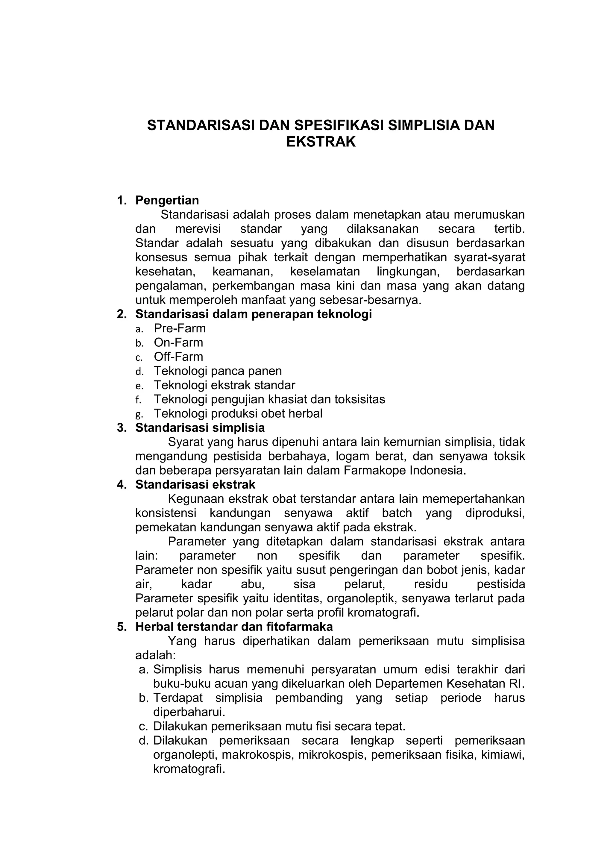 Standarisasi dan spesifikasi simplisia dan ekstrak | DOCX