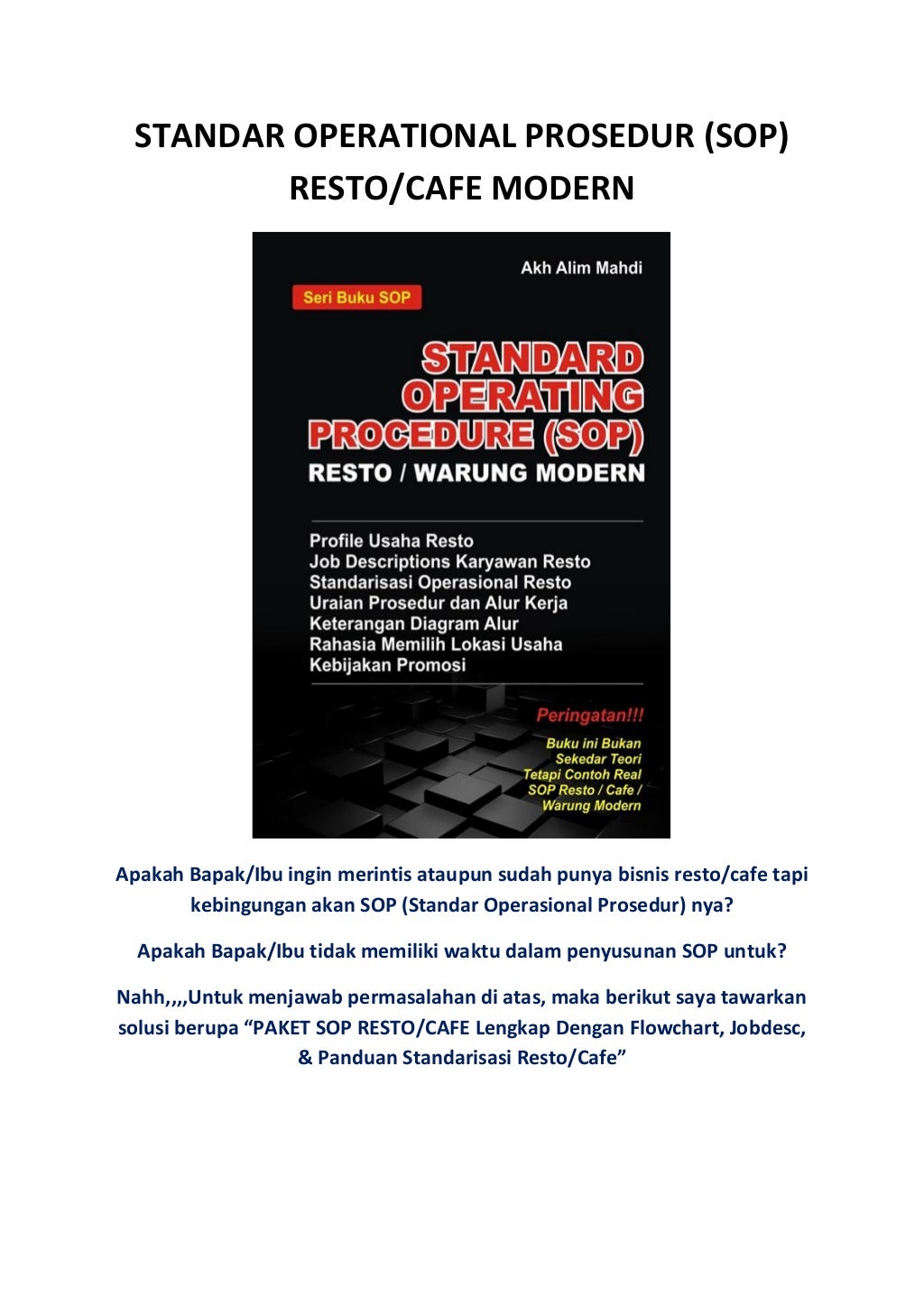 Standar Operational Prosedur (SOP) Resto/Cafe | PDF