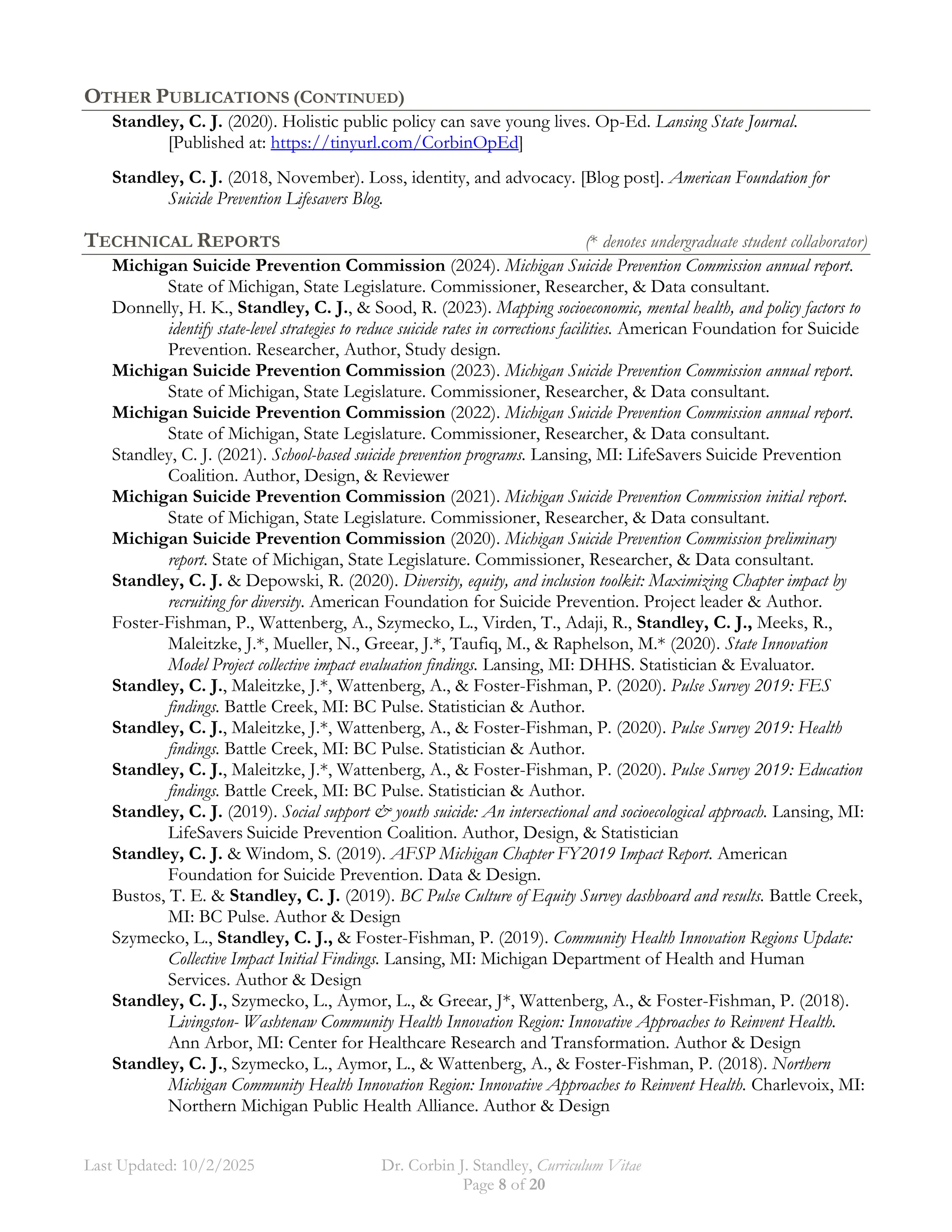 Standley C. J. - Curriculum Vitae 10.2025